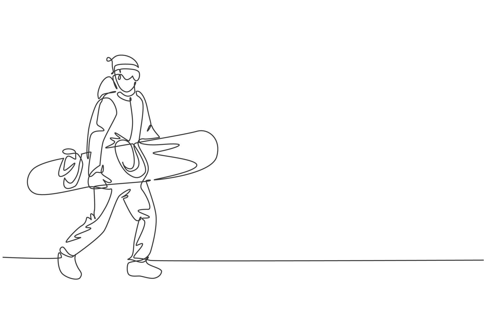 Single continuous line drawing of young sportive snowboarder man walk ...