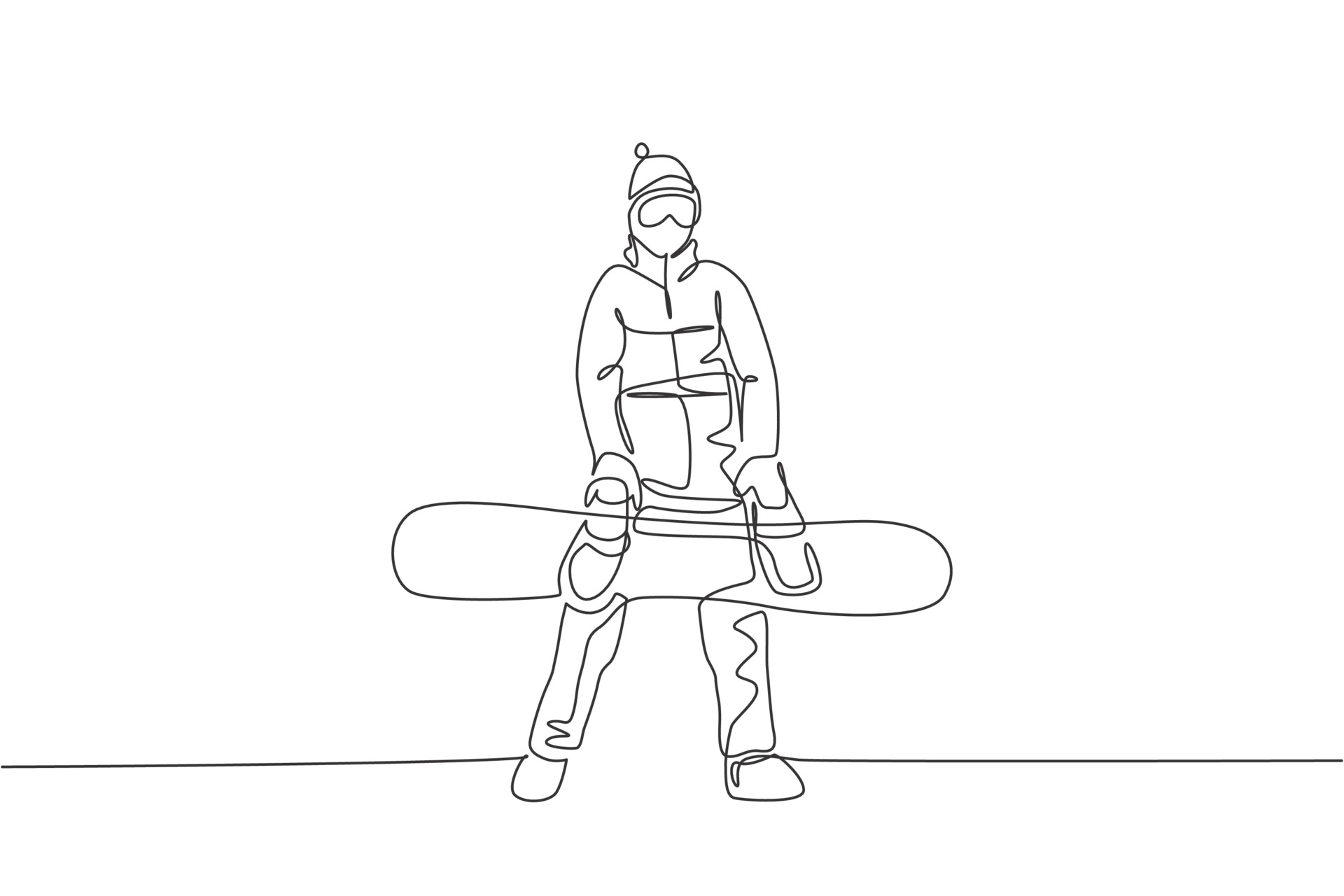 One continuous line drawing of young sporty man snowboarder holding ...