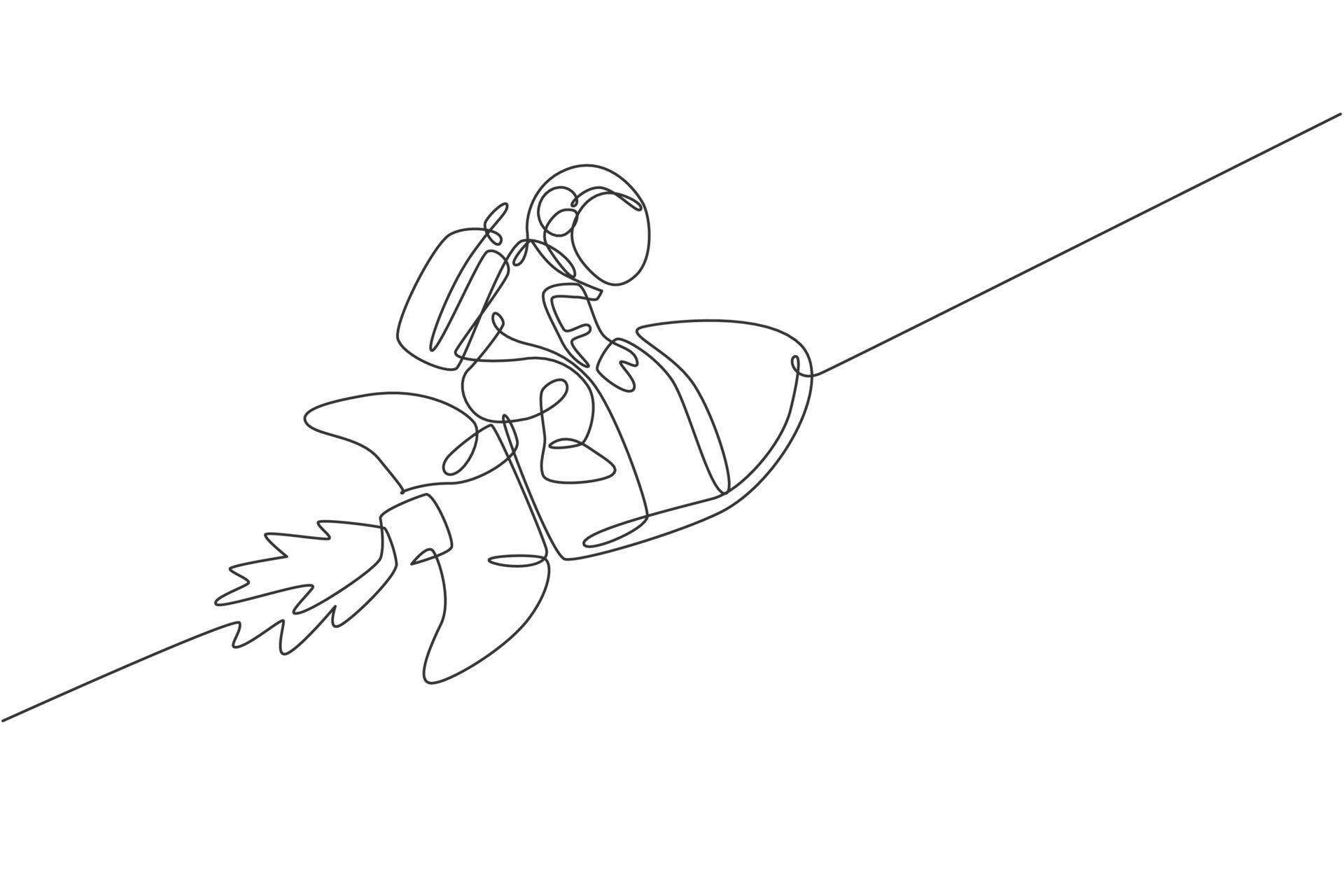 Single Continuous Line Drawing Of Astronaut In Spacesuit Flying At Outer Space While Sitting And