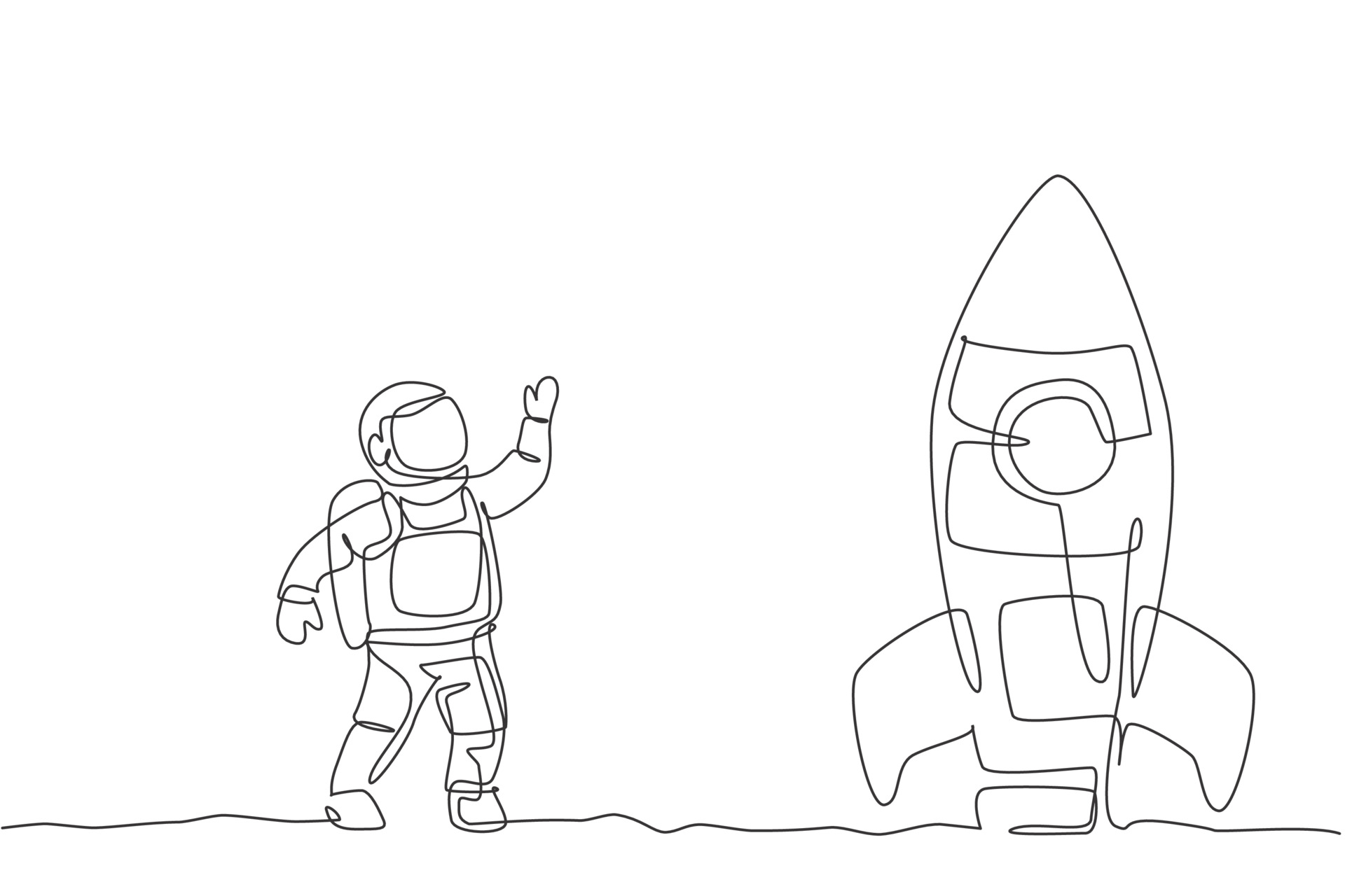 Single continuous line drawing of astronaut in spacesuit waving hand ...