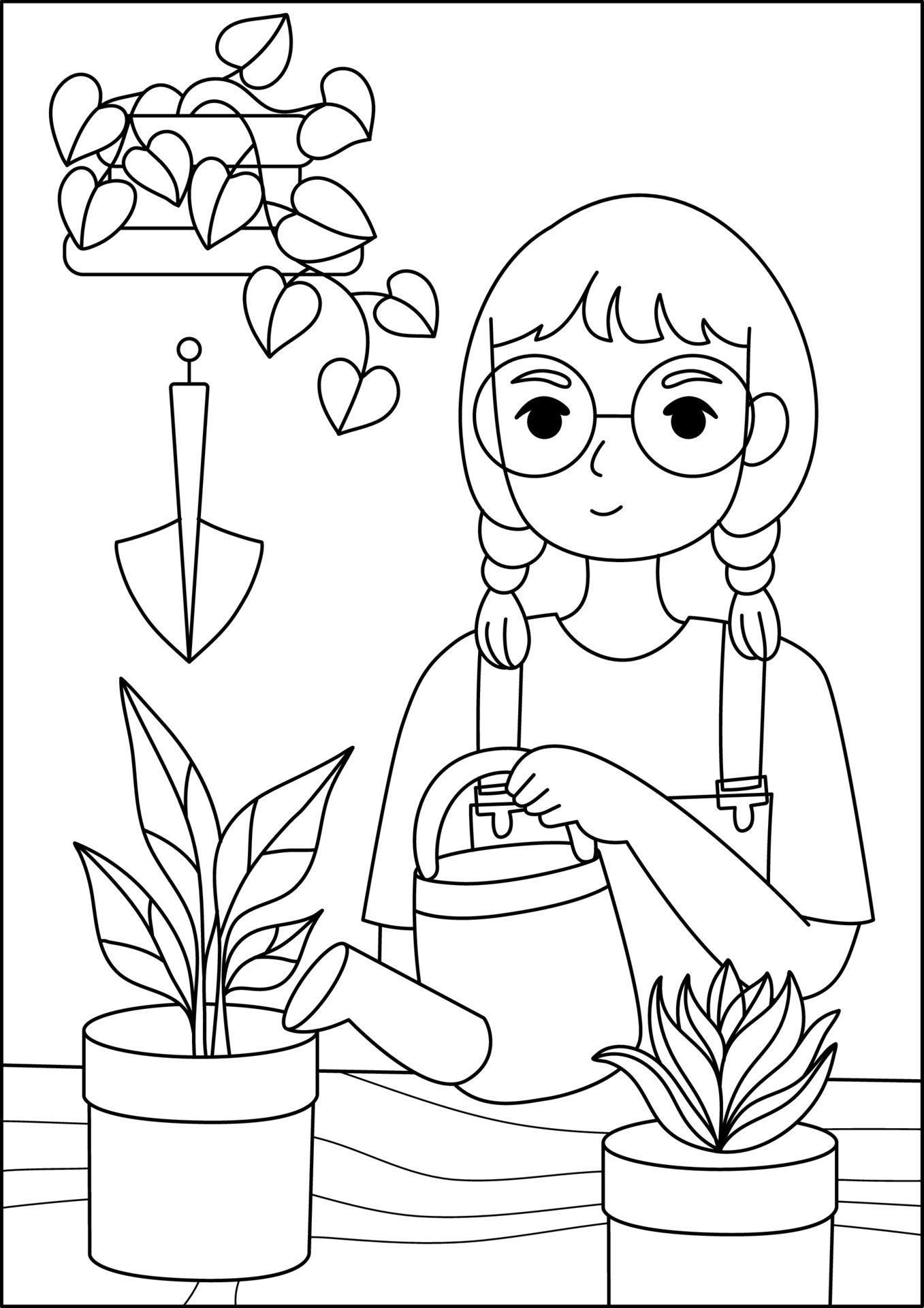 girl activity gardening coloring page for kids 3481938 Vector Art at ...