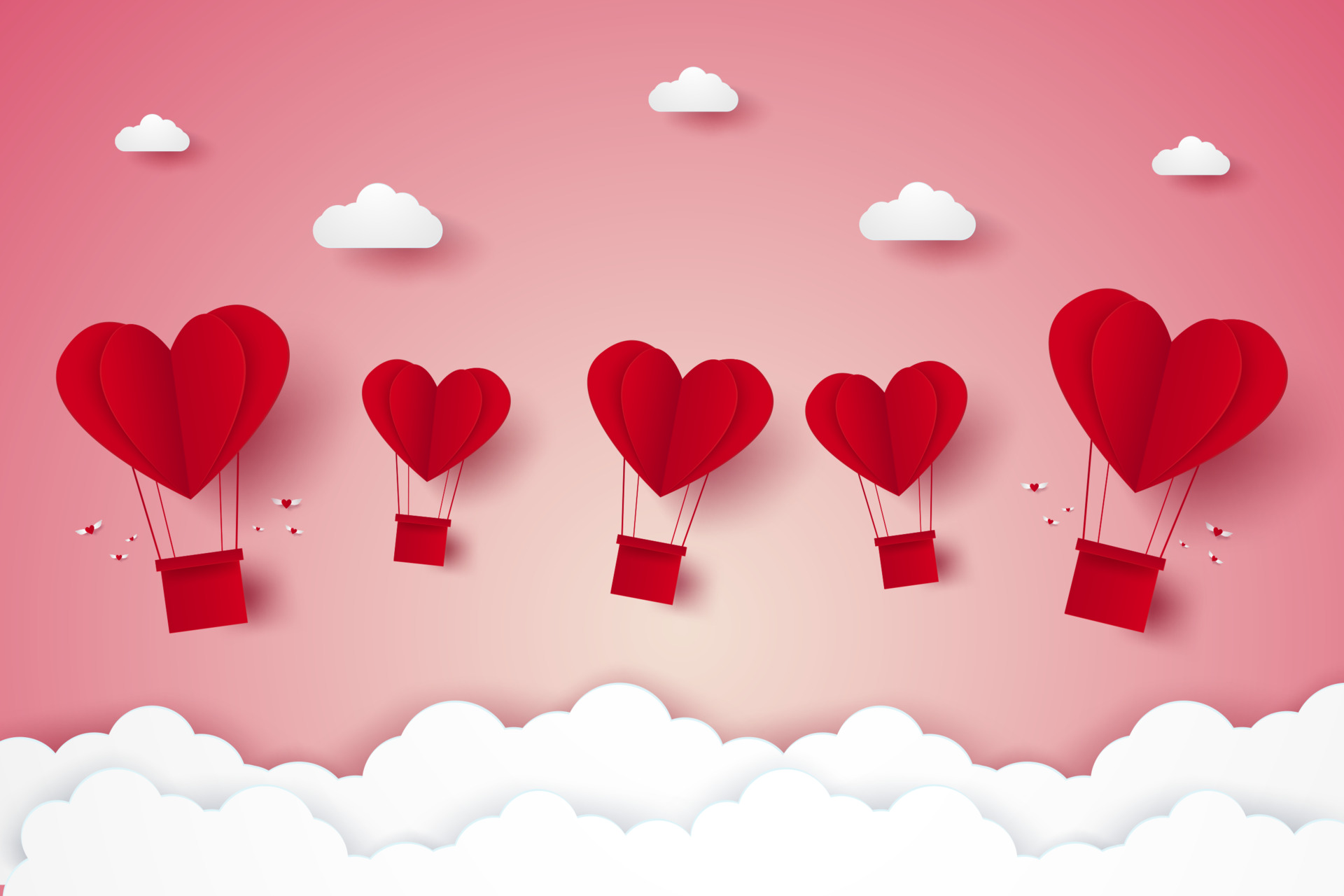 Valentines day, red heart hot air balloons flying, paper art style ...