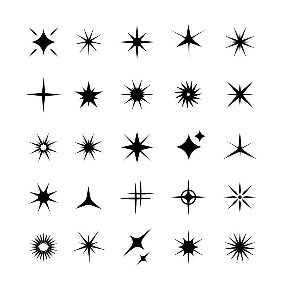 Set of star, sparkle icons. Collection of bright fireworks, twinkles, shiny flash. Glowing light ...