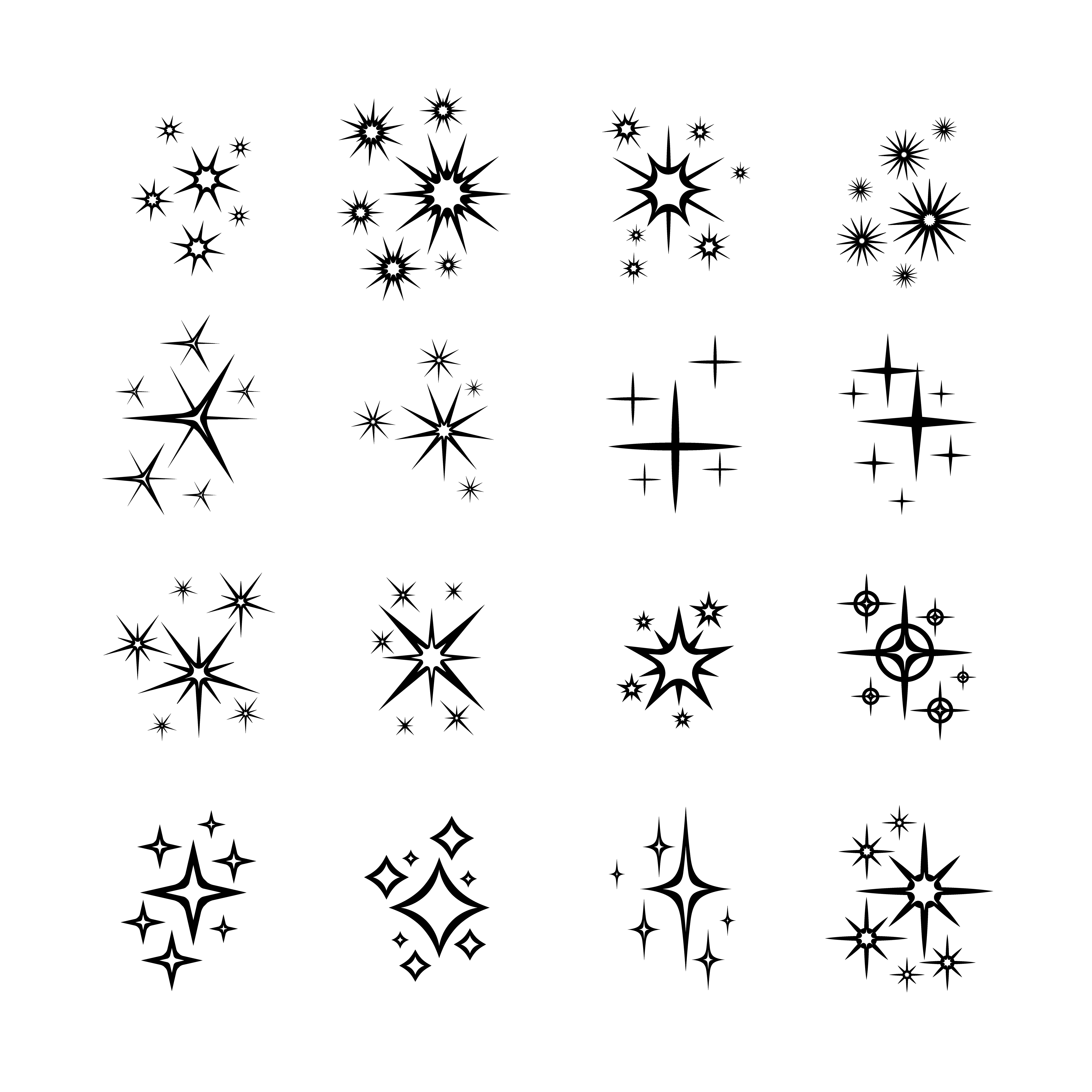 Set of star, sparkle icons. Collection of bright fireworks, twinkles, shiny flash. Glowing light ...