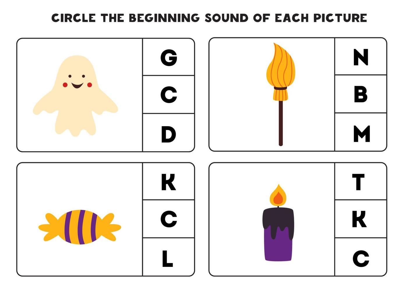 Worksheet for kids. Find the beginning sound of Halloween elements ...