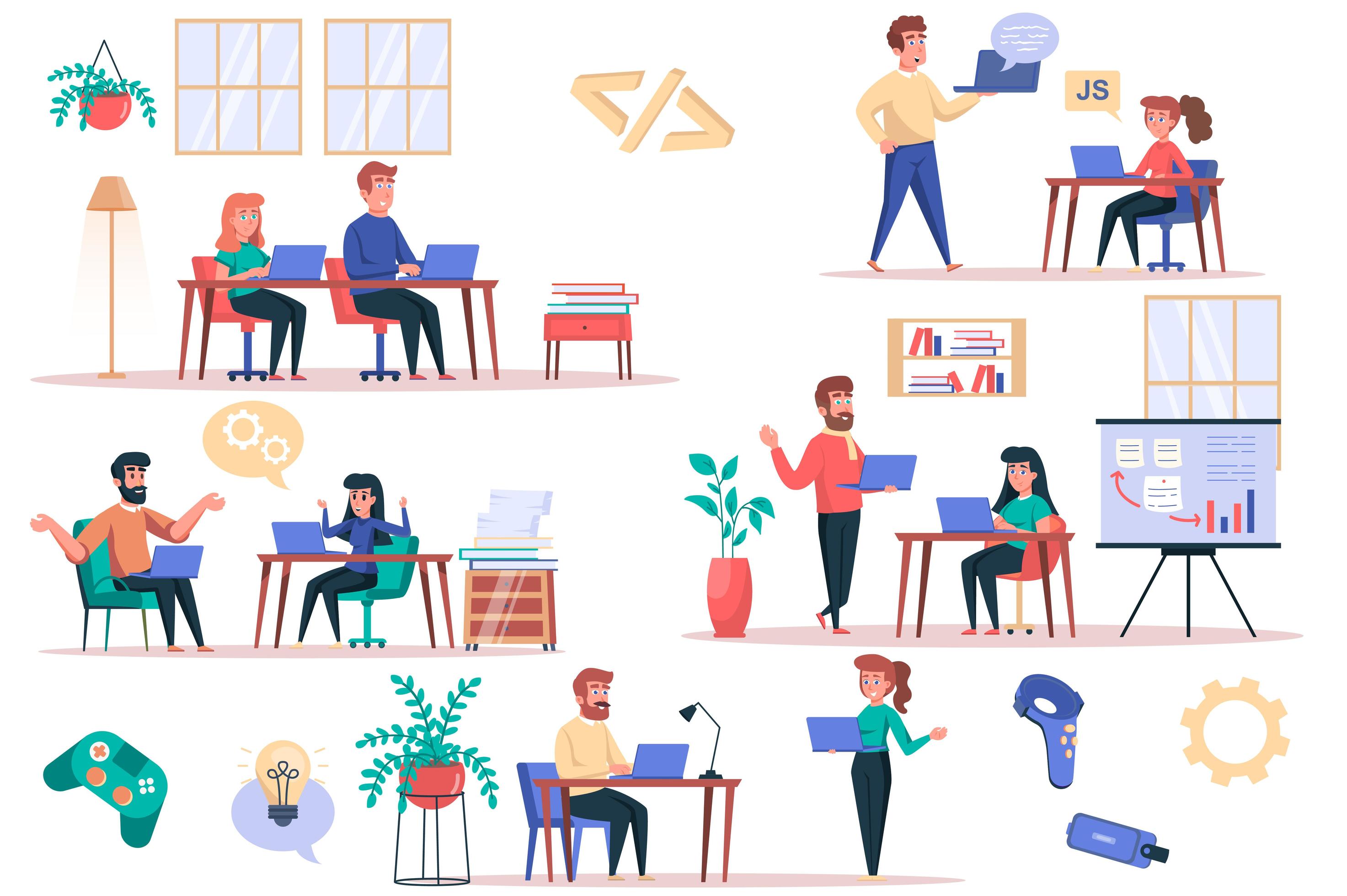 Game developer working isolated elements set. Bundle of men and women ...