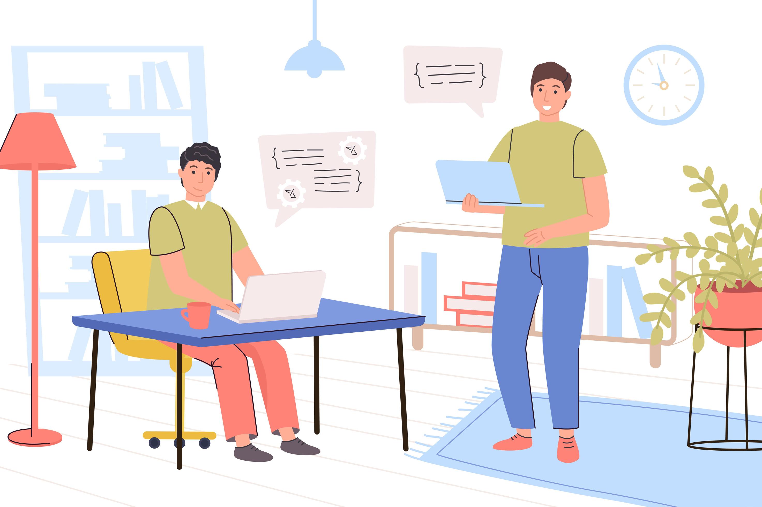 Programmers working at office concept. Developers team work on laptops ...