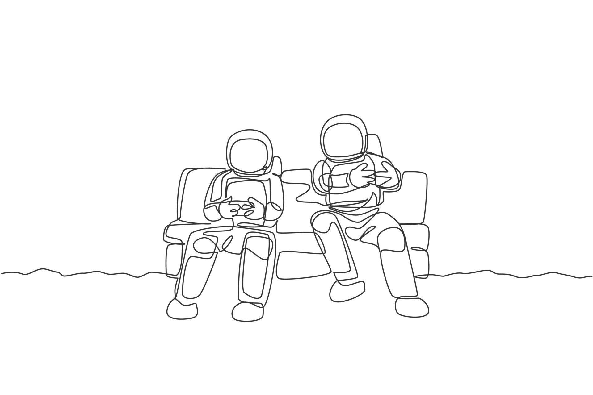 One single line drawing two young happy astronauts siting on sofa and playing video game in moon ...
