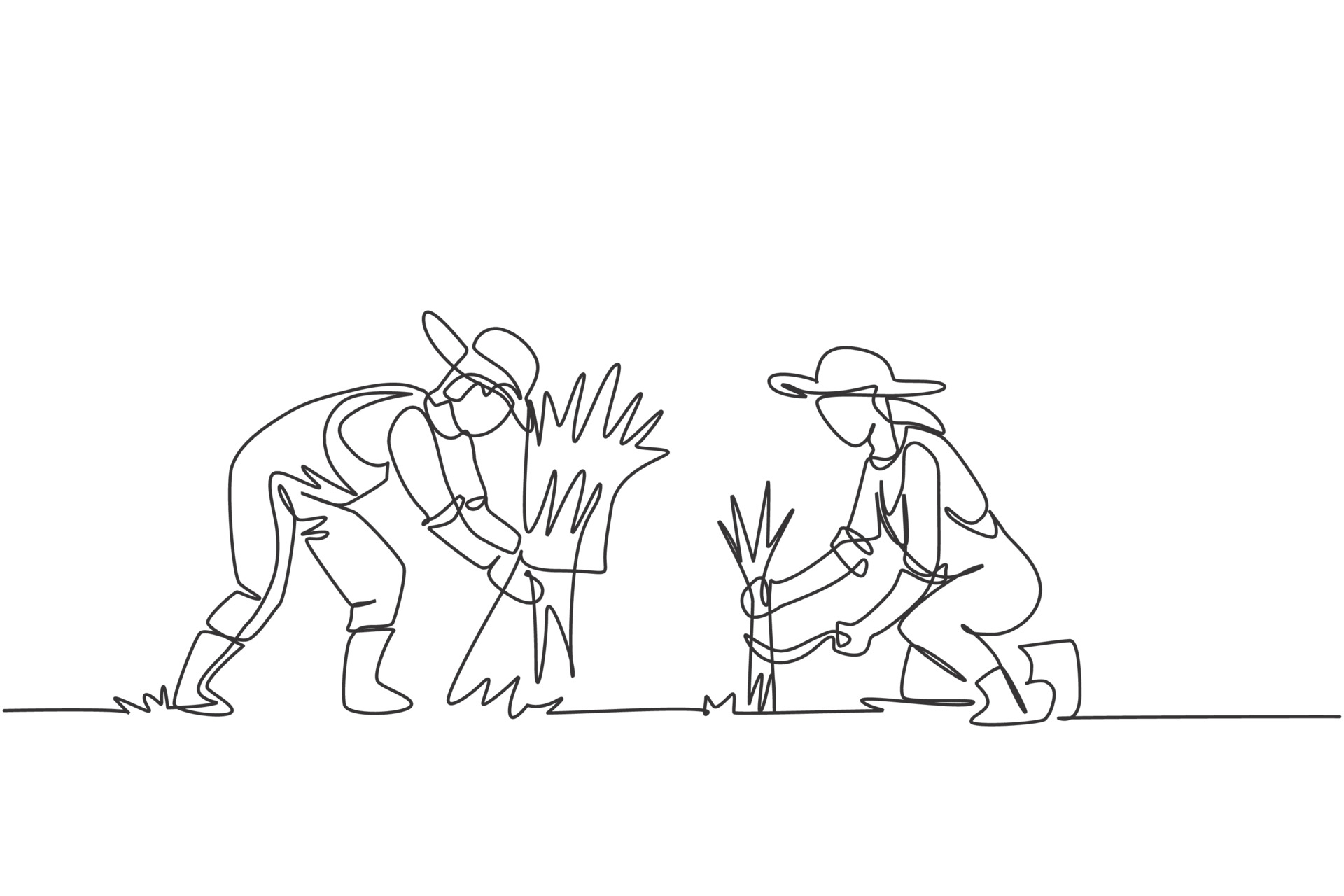 El dibujo de una sola línea de una pareja de agricultores estaba ... El dibujo de una sola línea de una pareja de agricultores estaba ...
