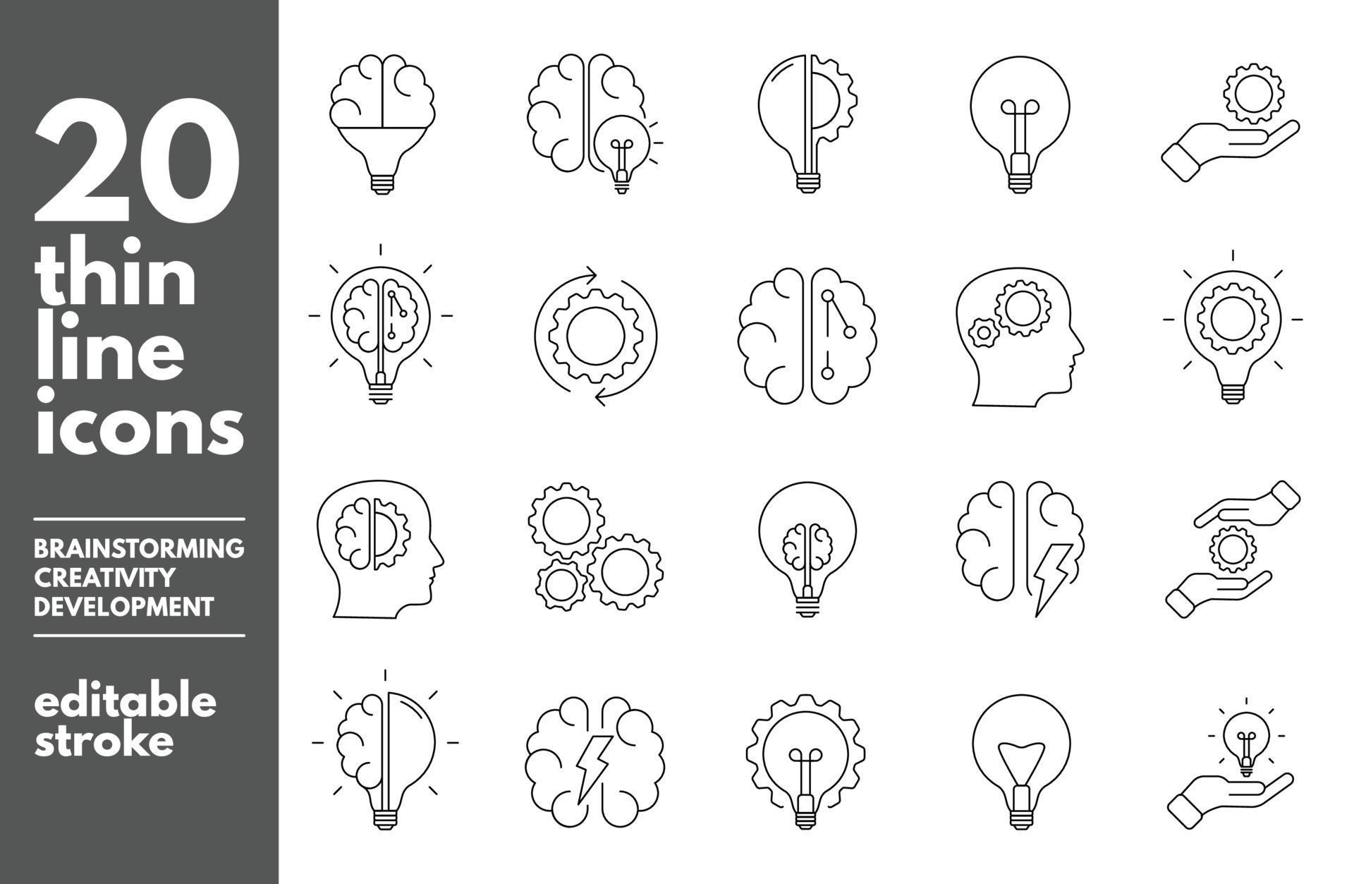 Brainstorm thin line icons set. Artificial light, brain, lightbulb ...