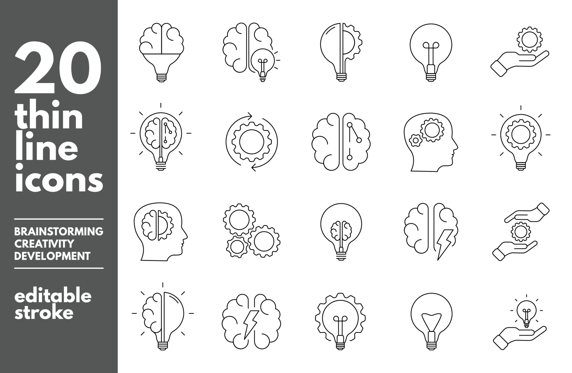 Brainstorm thin line icons set. Artificial light, brain, lightbulb ... Brainstorm thin line icons set. Artificial light, brain, lightbulb ...