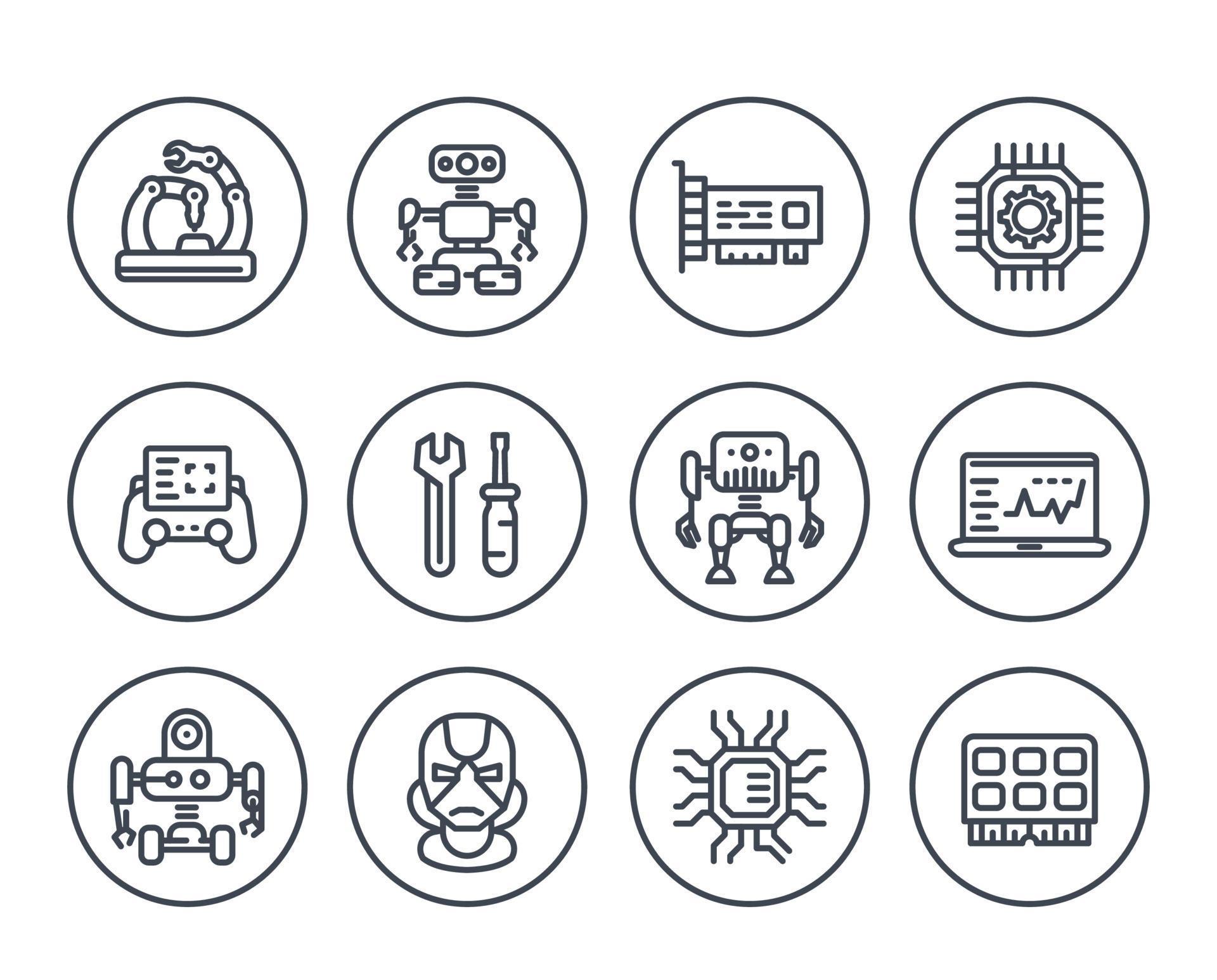 Robotics, mechanical engineering, robots, microelectronics line icons ...