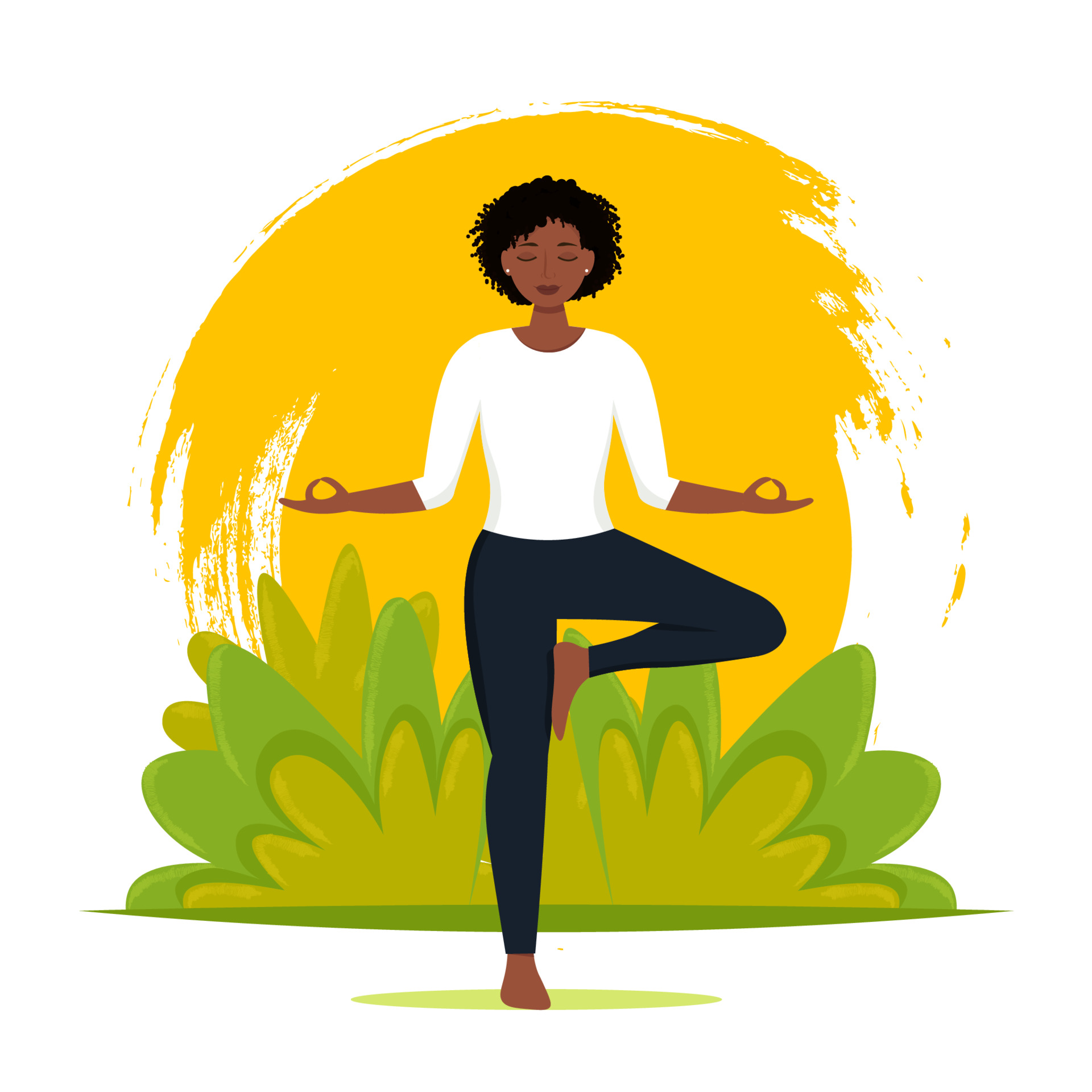 Afro American Woman Doing Yoga In Nature Leaves Background Vector