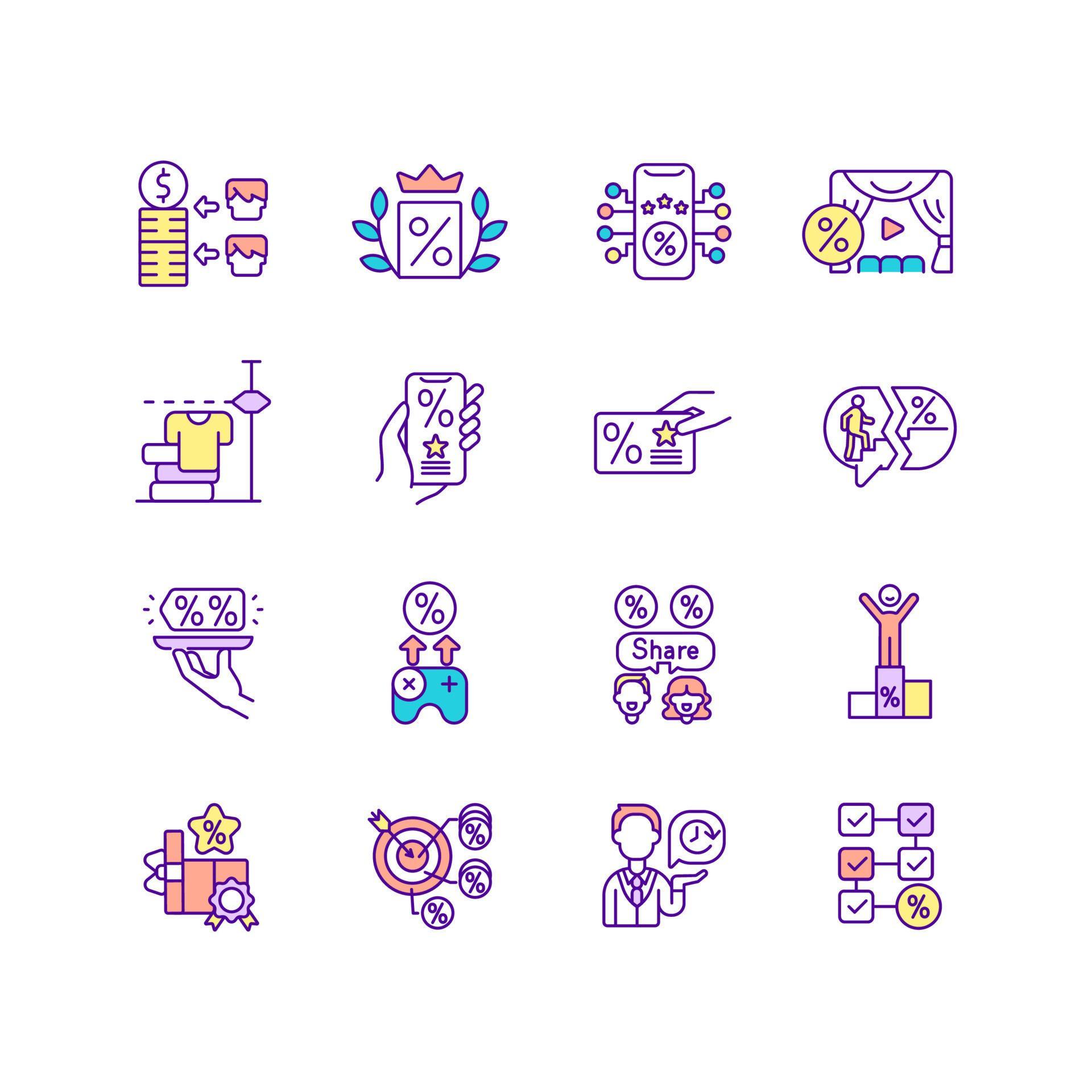 Loyalty program related light and dark theme RGB color icons set ...