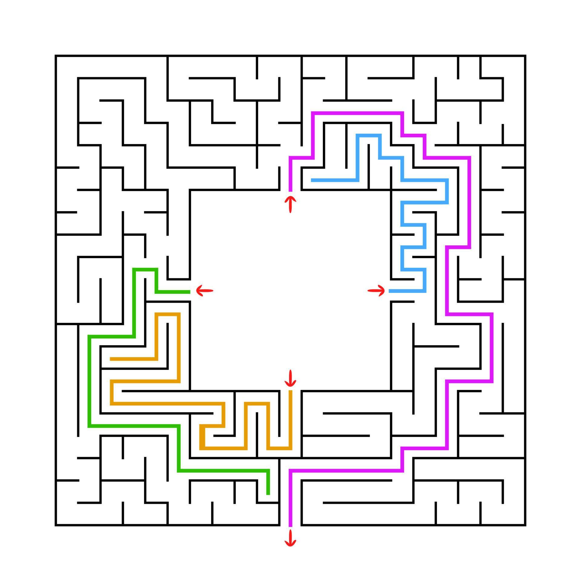 A square maze. Find the right path from the center of the labyrinth ...