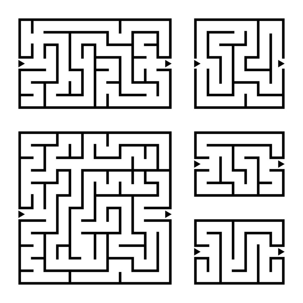 A set of square and rectangular labyrinths with entrance and exit. Simple flat vector ...