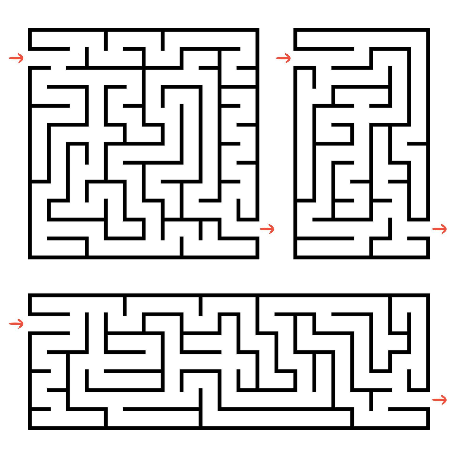 A set of square and rectangular labyrinths with entrance and exit. Simple flat vector ...