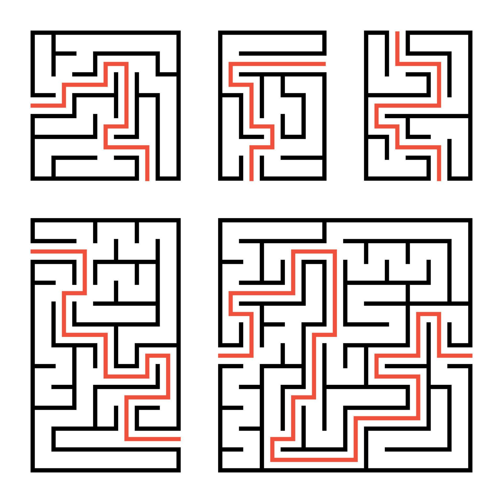 A set of square and rectangular labyrinths with entrance and exit. Simple flat vector ...