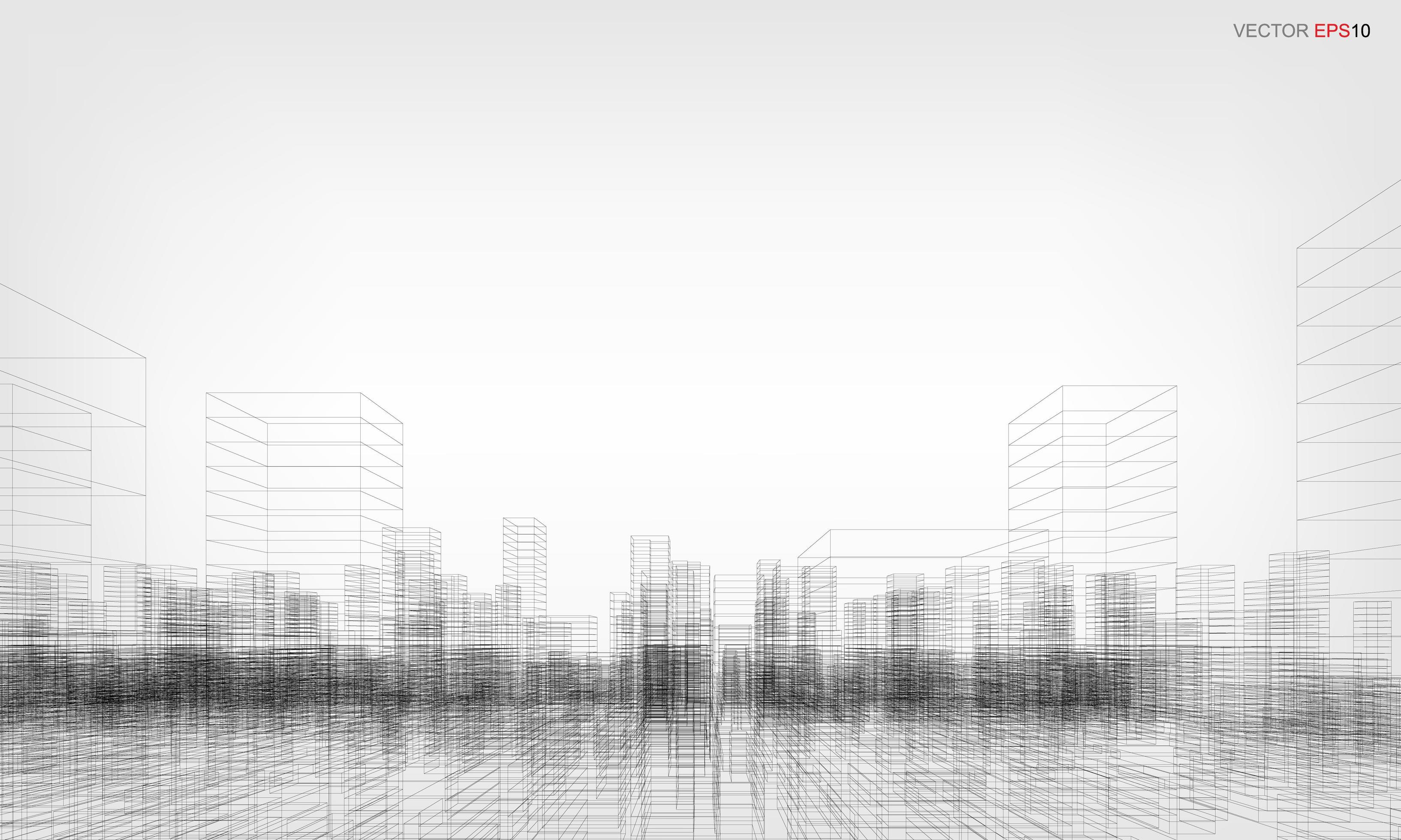 Wireframe city background. Perspective 3D render of building wireframe ...