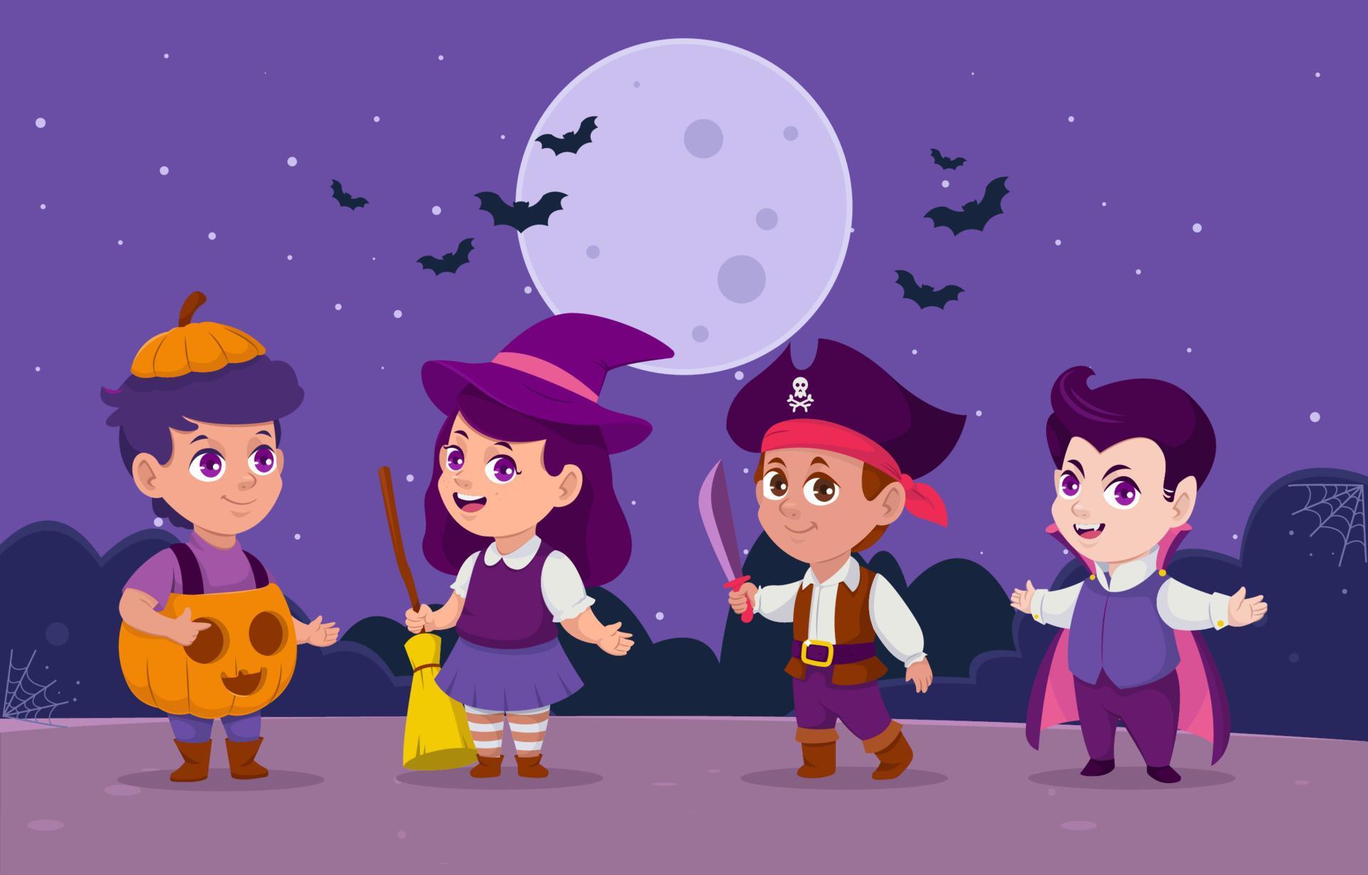 Trick or Treat Kids with Halloween Costumes 3549547 Vector Art at Vecteezy