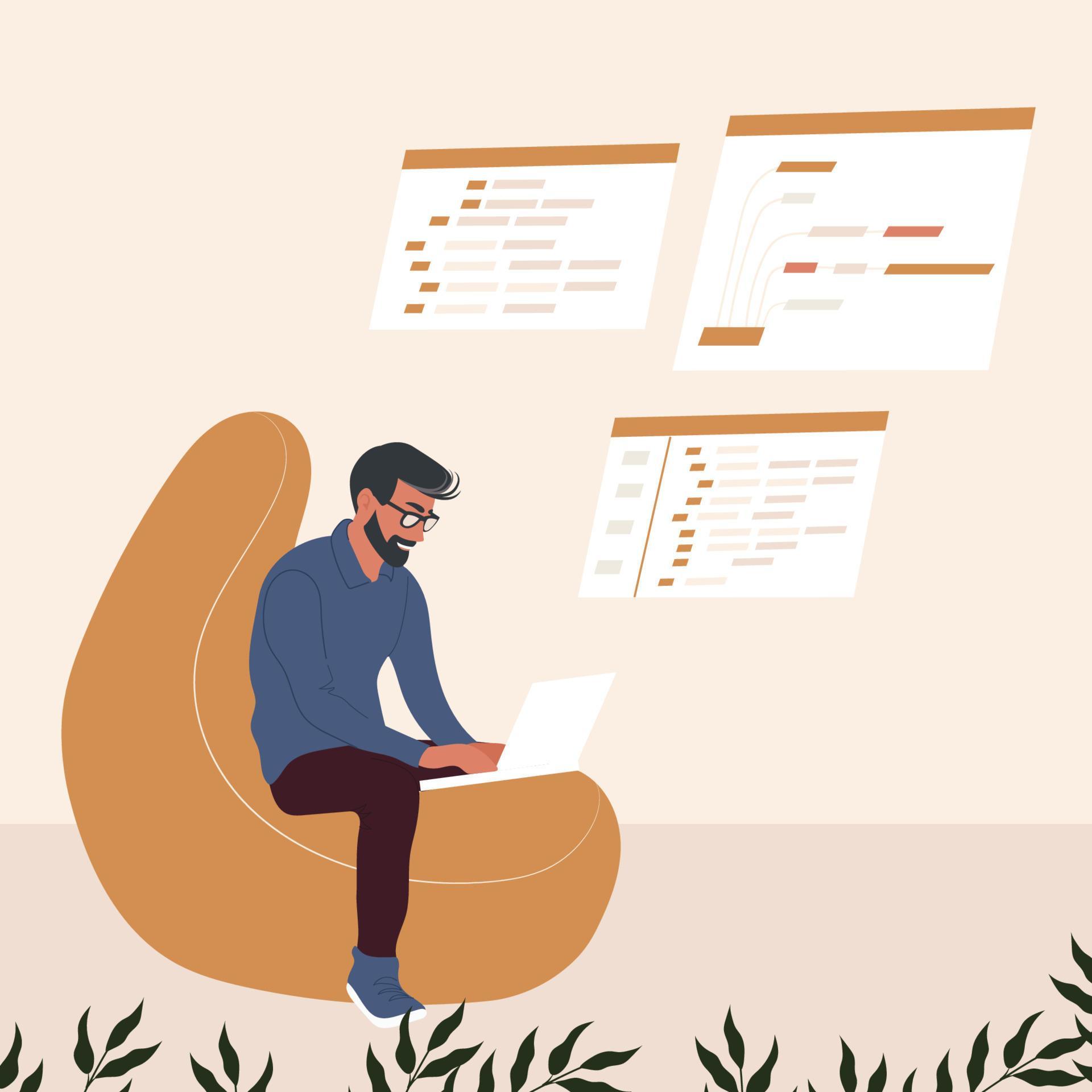 Young hipster man works at a laptop writes program code. Programmer or ...