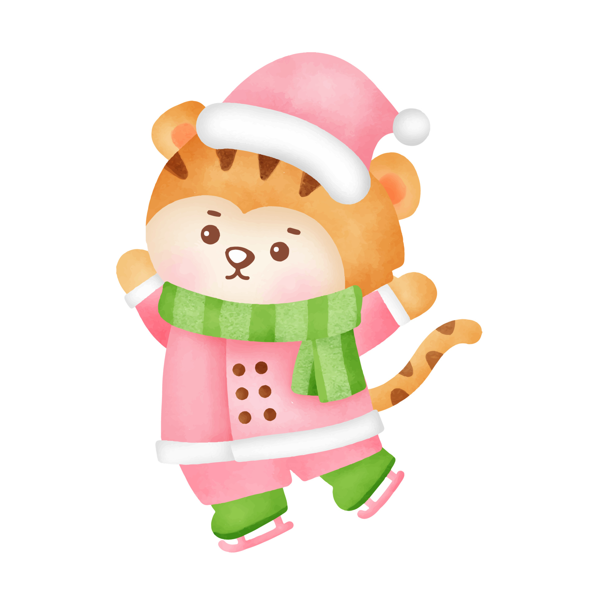 Christmas and New year greeting card with cute tiger in watercolor ...