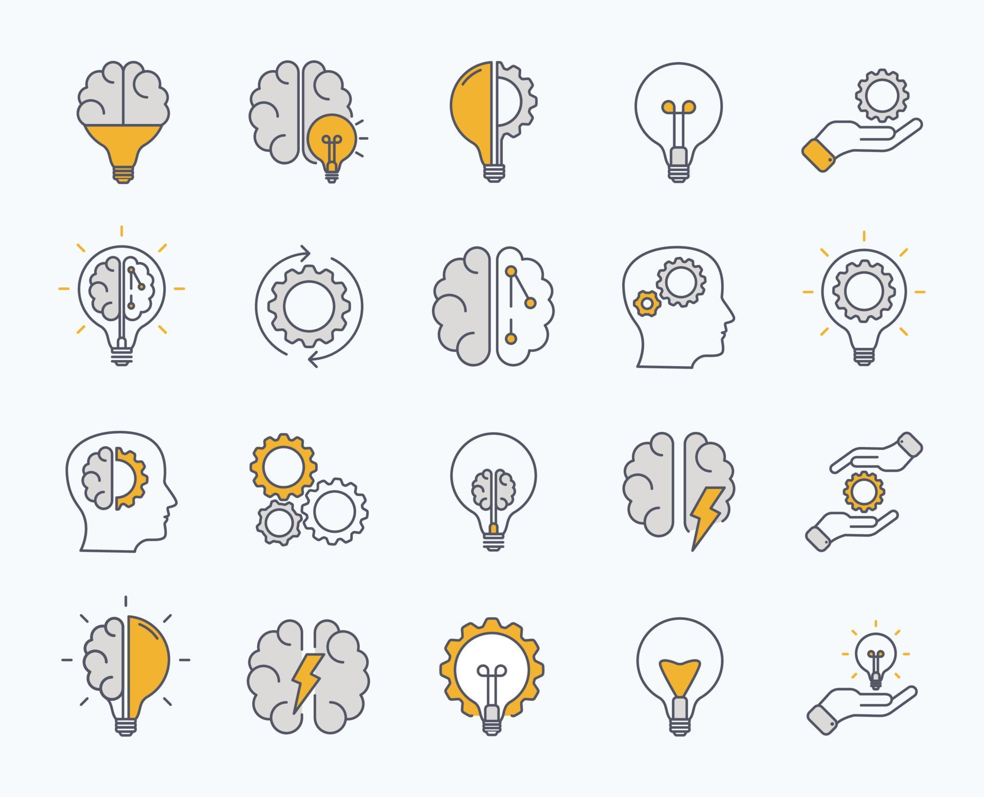 Brainstorm icons set. Artificial light, brain, lightbulb, creative ... Brainstorm icons set. Artificial light, brain, lightbulb, creative ...