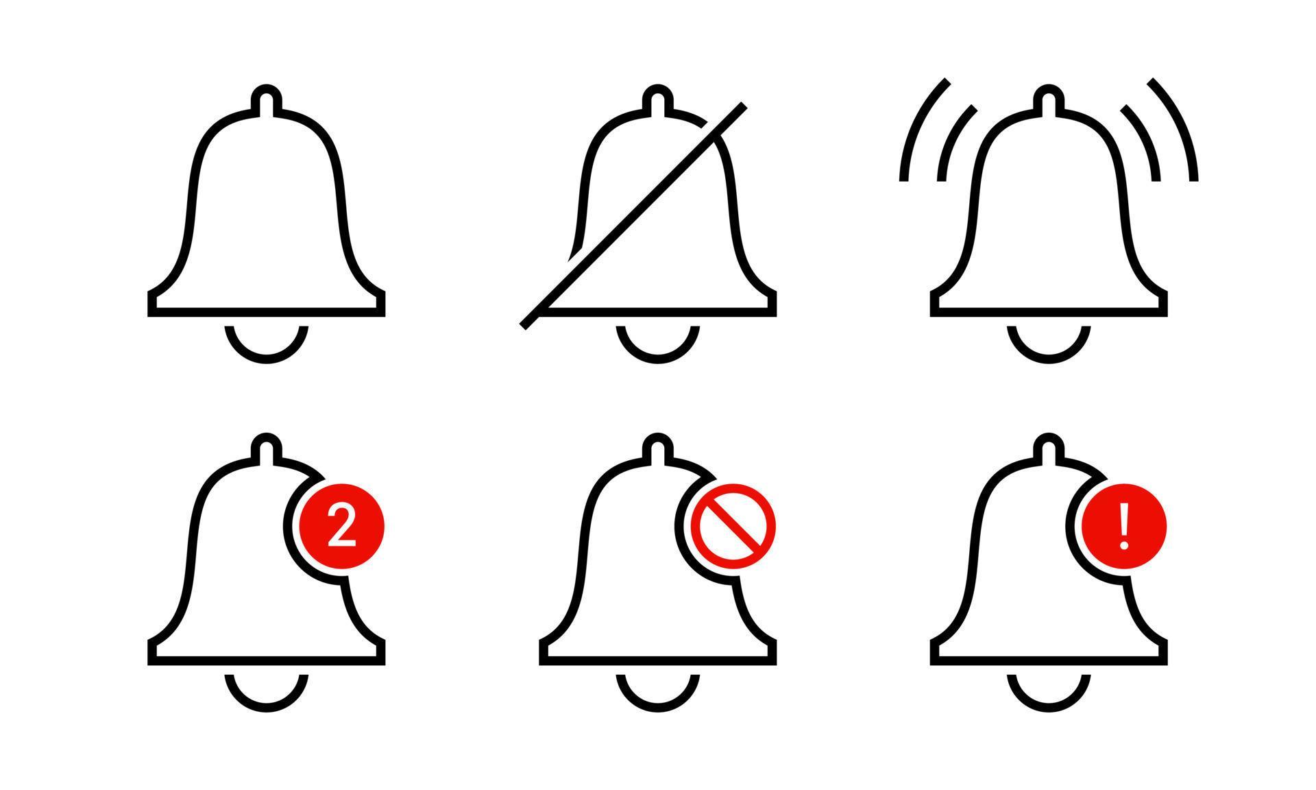 Outlined notification bell icon set. Collection of bell alert action ...