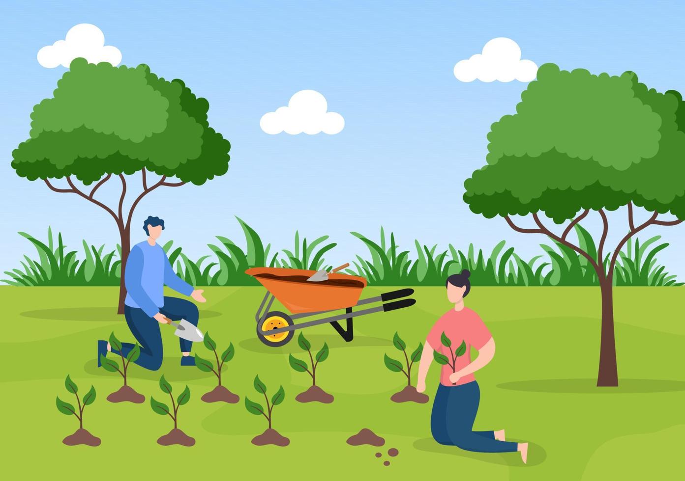 Las Personas Que Plantan árboles Ilustración Vectorial De Dibujos Animados Planos Con Jardinería