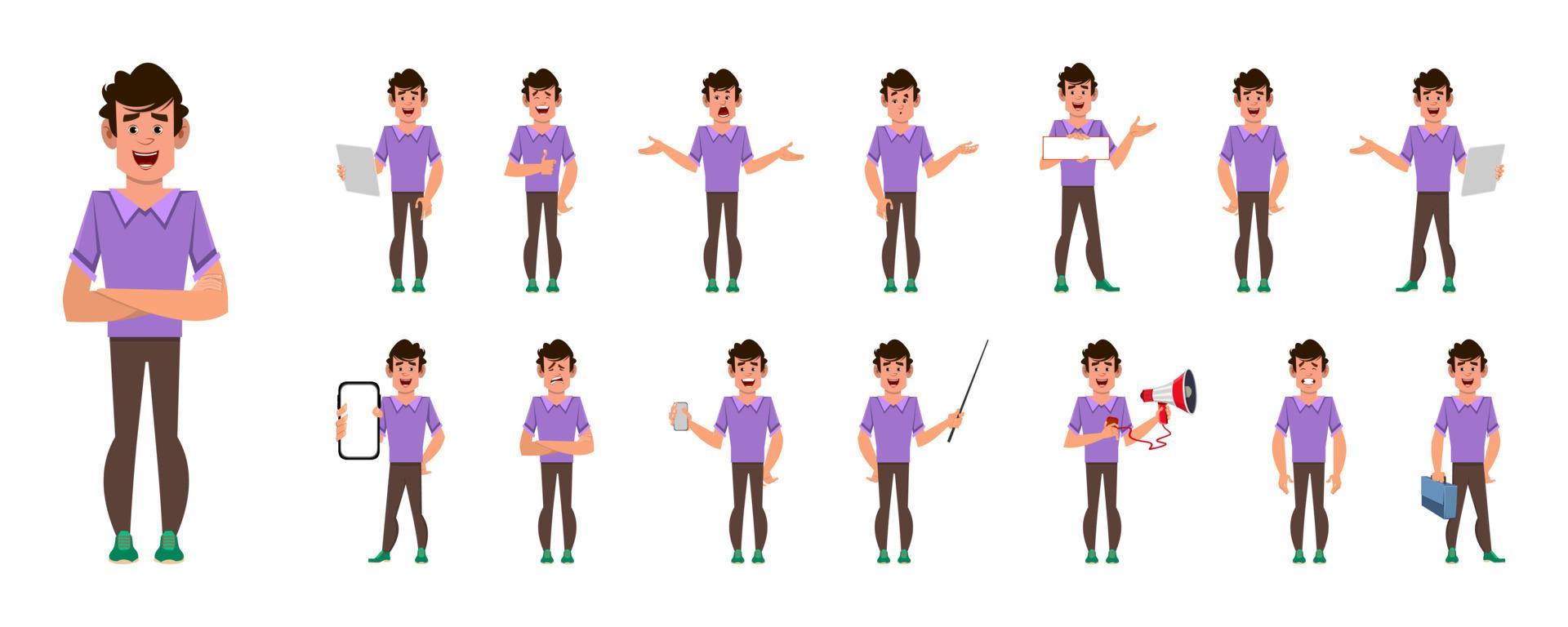 Man cartoon character set. Character set in different poses or gestures ...