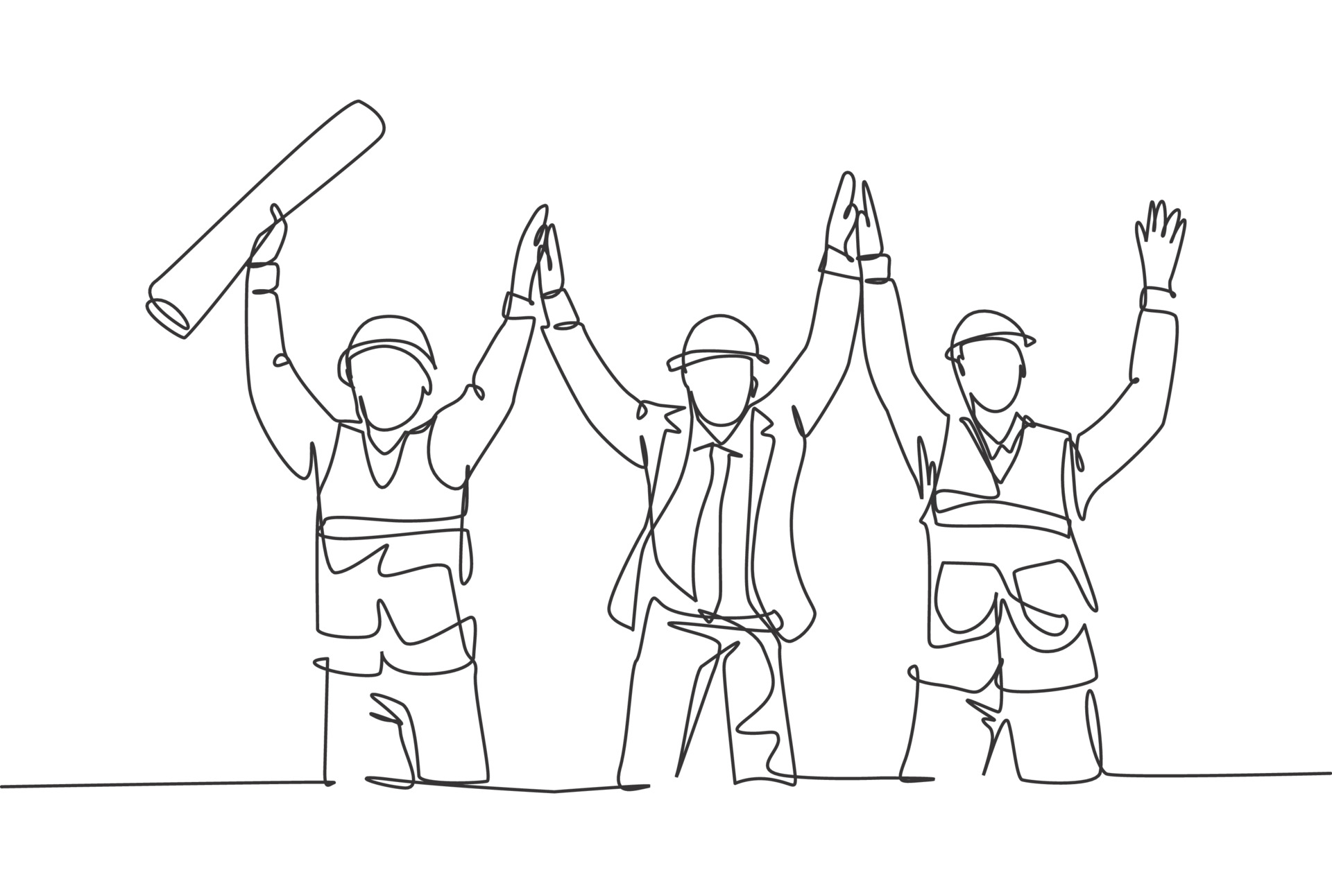 Single Line Drawing Of Construction Worker And Foreman Celebrate Their