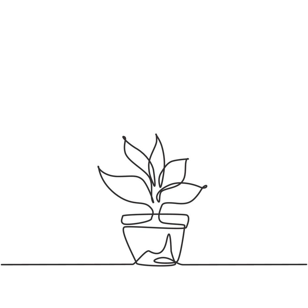 Continuous One Line Drawing Potted Plants With Five Growing Leaves Are