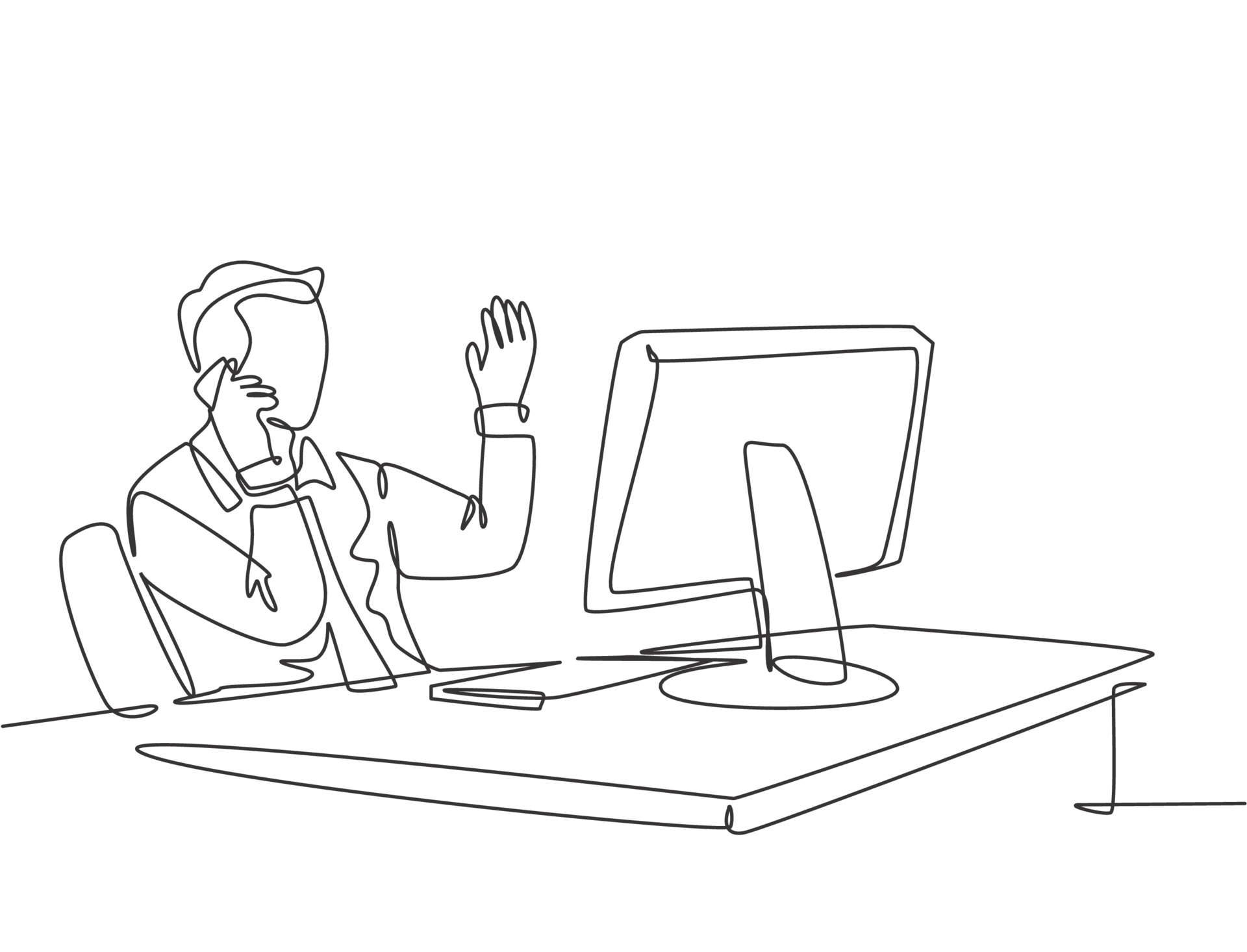 One continuous line drawing of young startup founder watch company ...