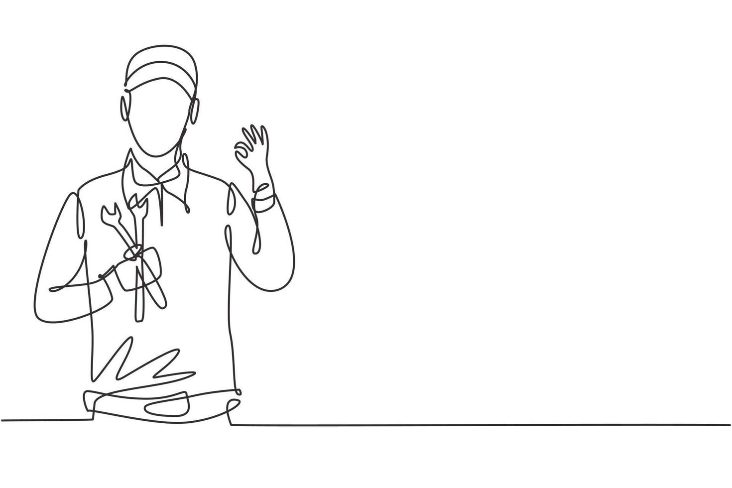Continuous One Line Drawing Male Mechanic With Gesture Okay And Holding Continuous One Line Drawing Male Mechanic With Gesture Okay And Holding