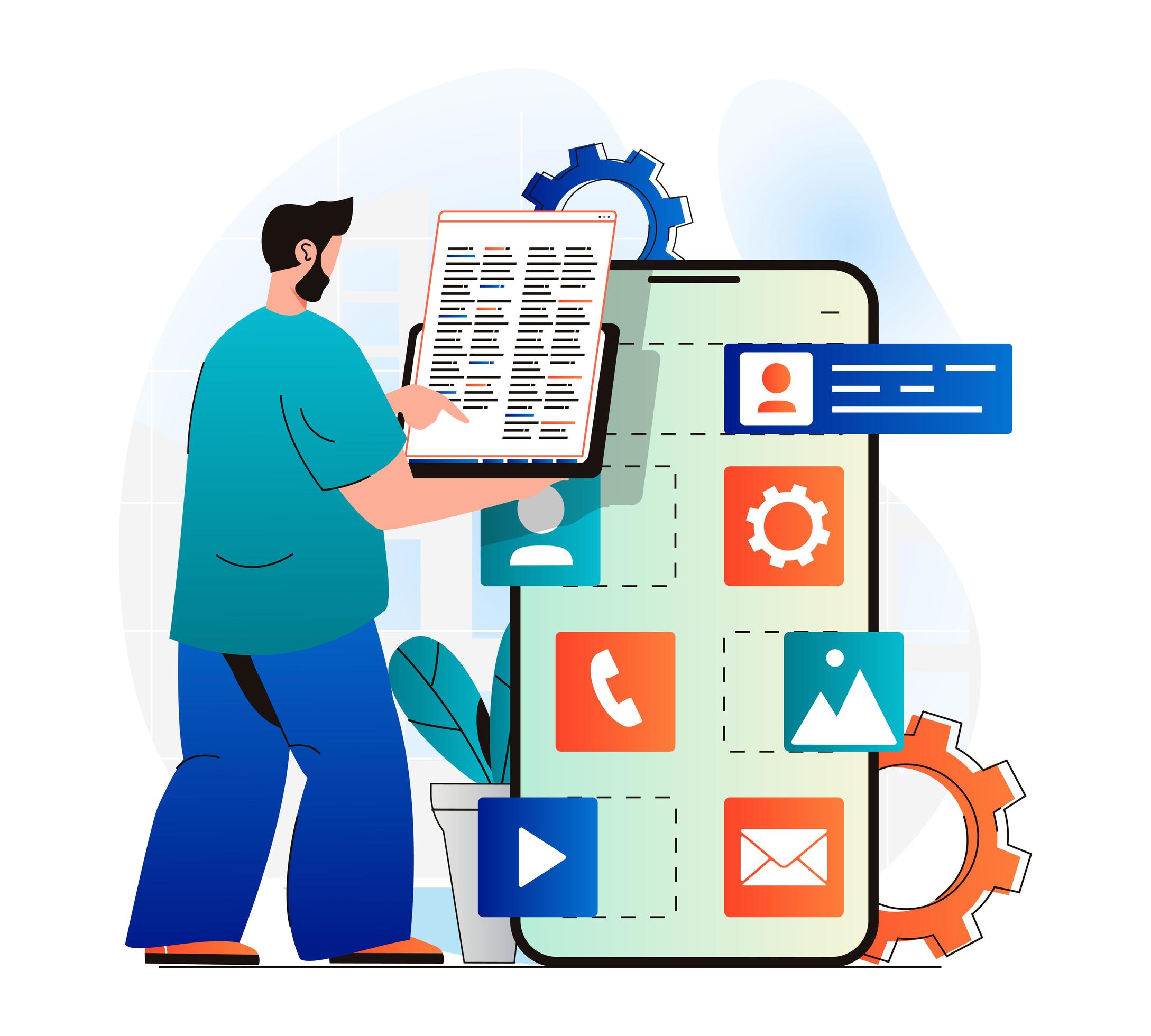 App development concept in modern flat design. Programmer coding ...
