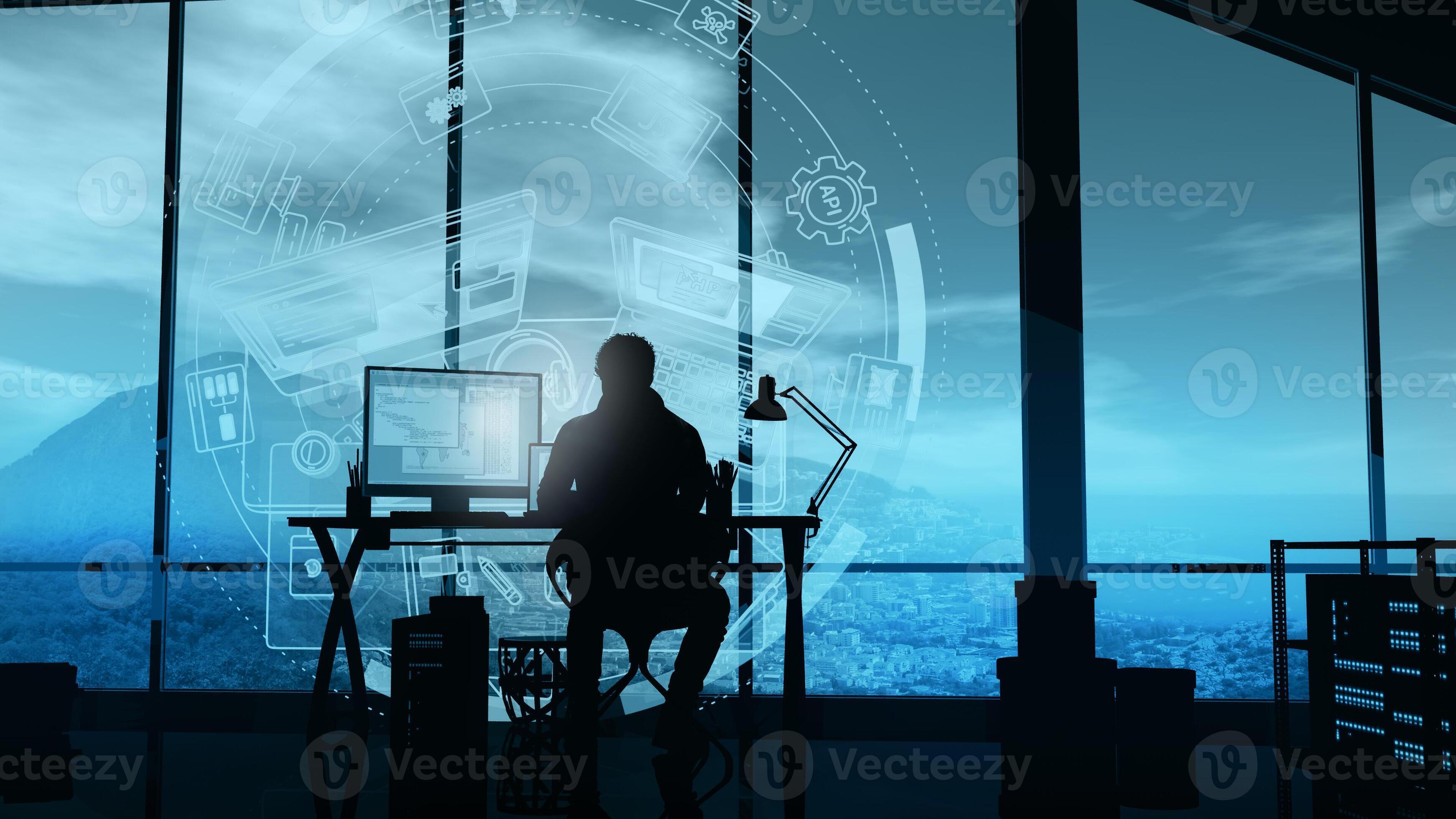 The web developer works in his office on the infographics background ...