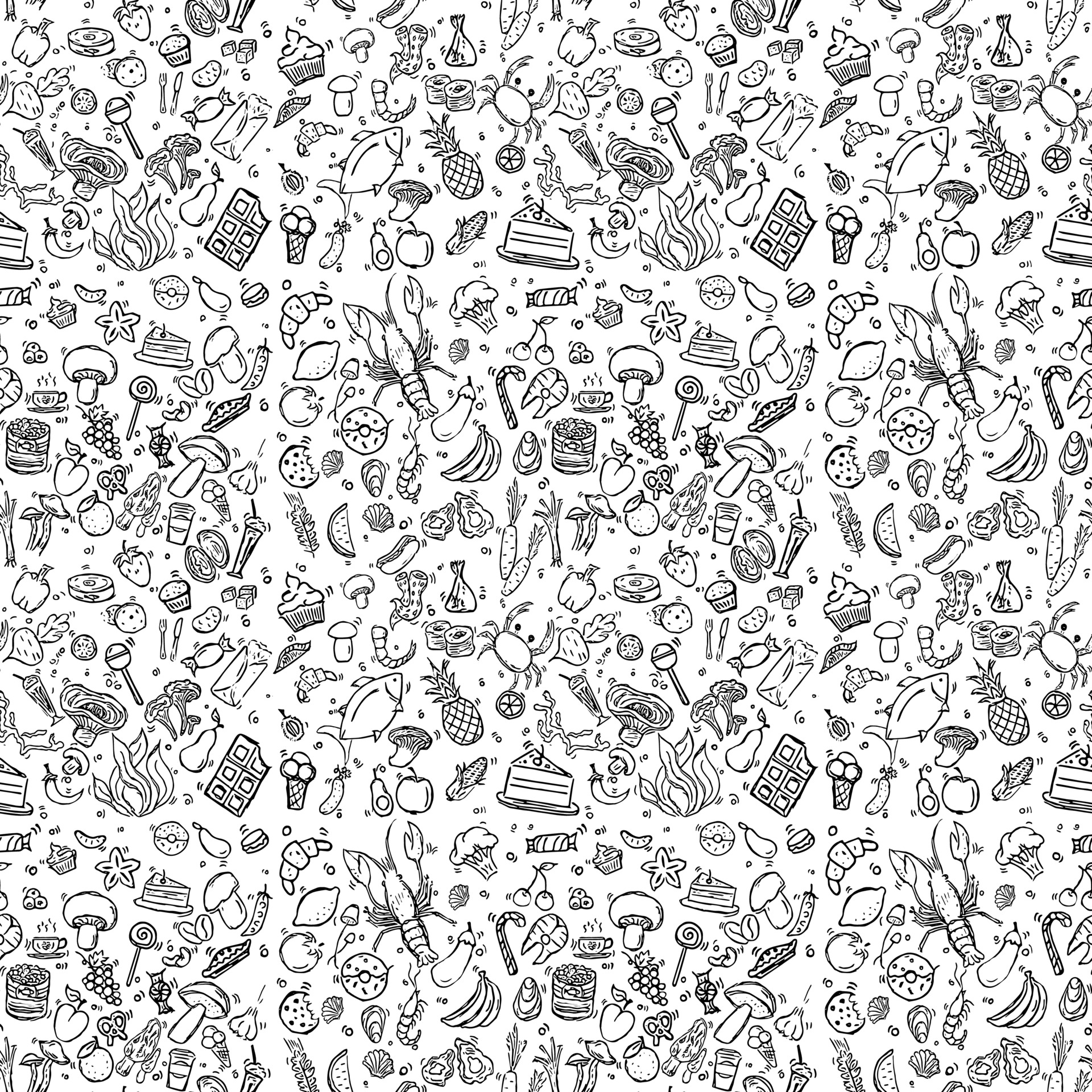 Seamless Pattern With Food Icons On White Background Doodle Food