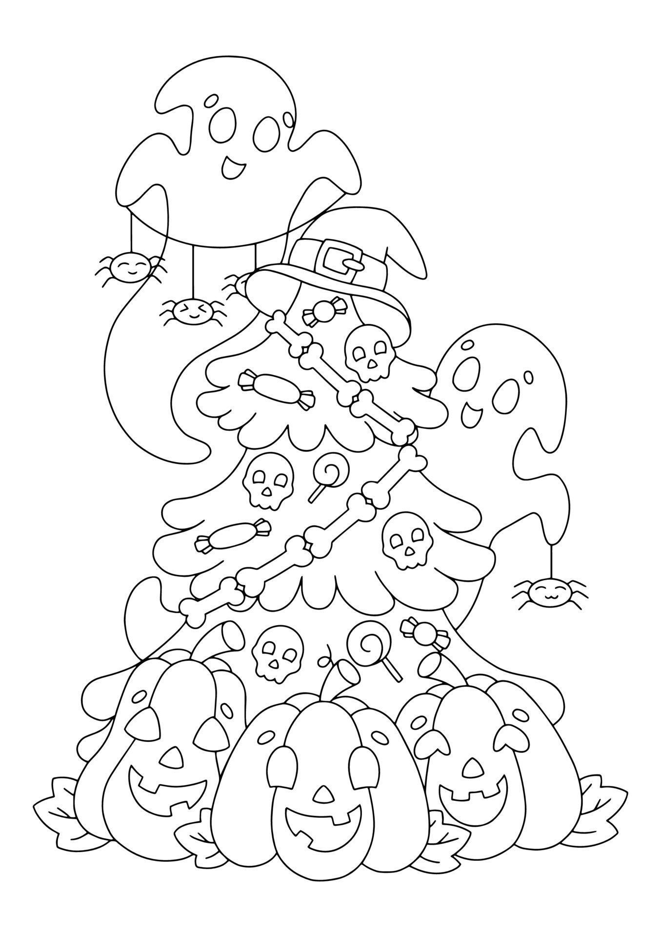 Ghosts and pumpkins decorate the halloween tree. Coloring book page for ...