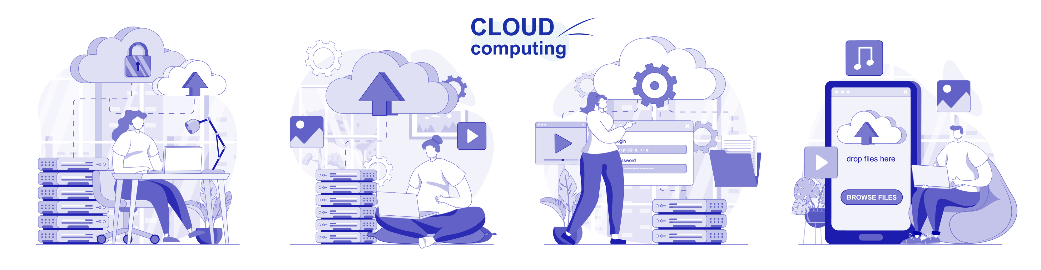 Cloud computing isolated set in flat design. People upload files ...
