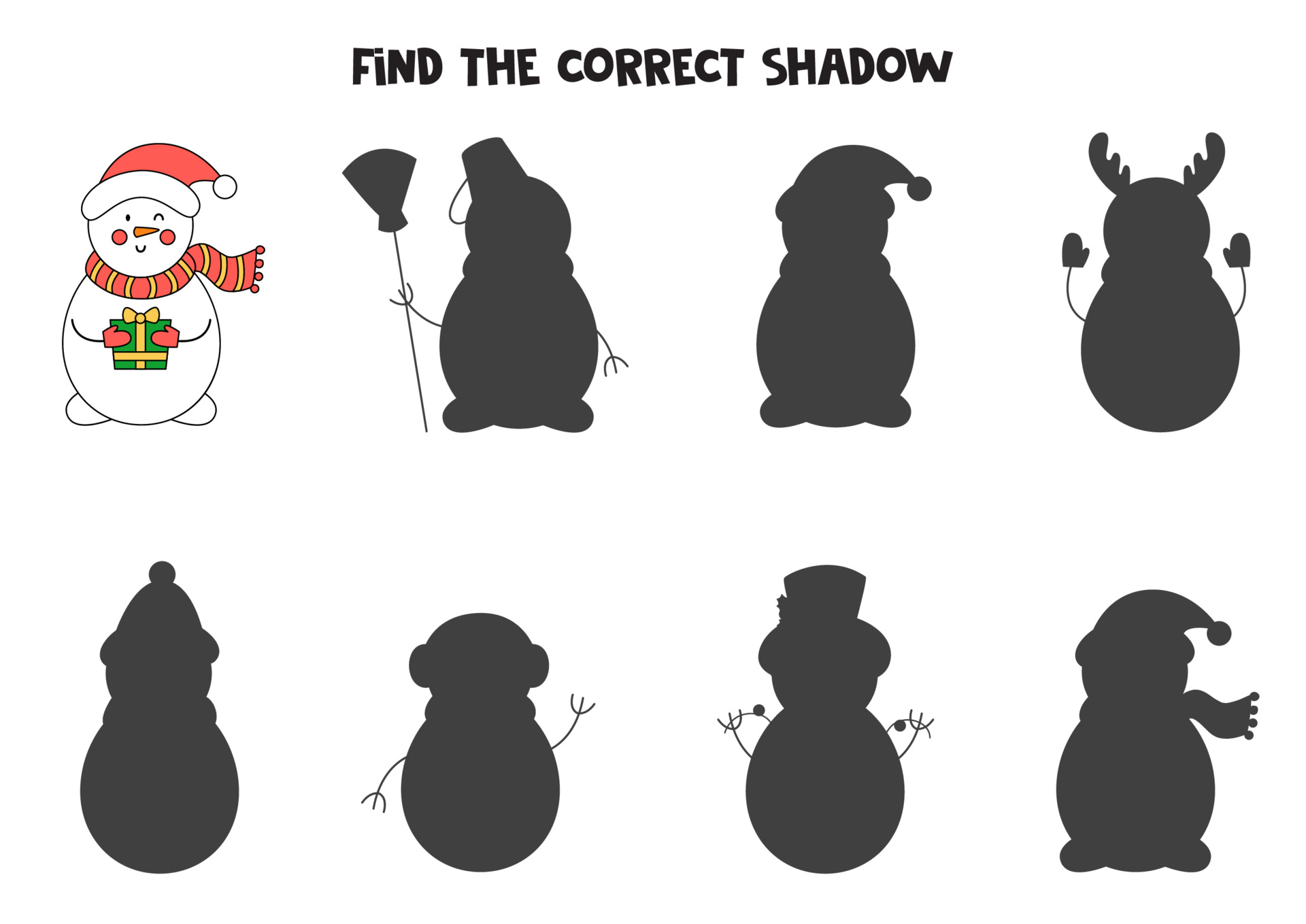 Find correct shadow of cute cartoon snowman. Educational logical game ...