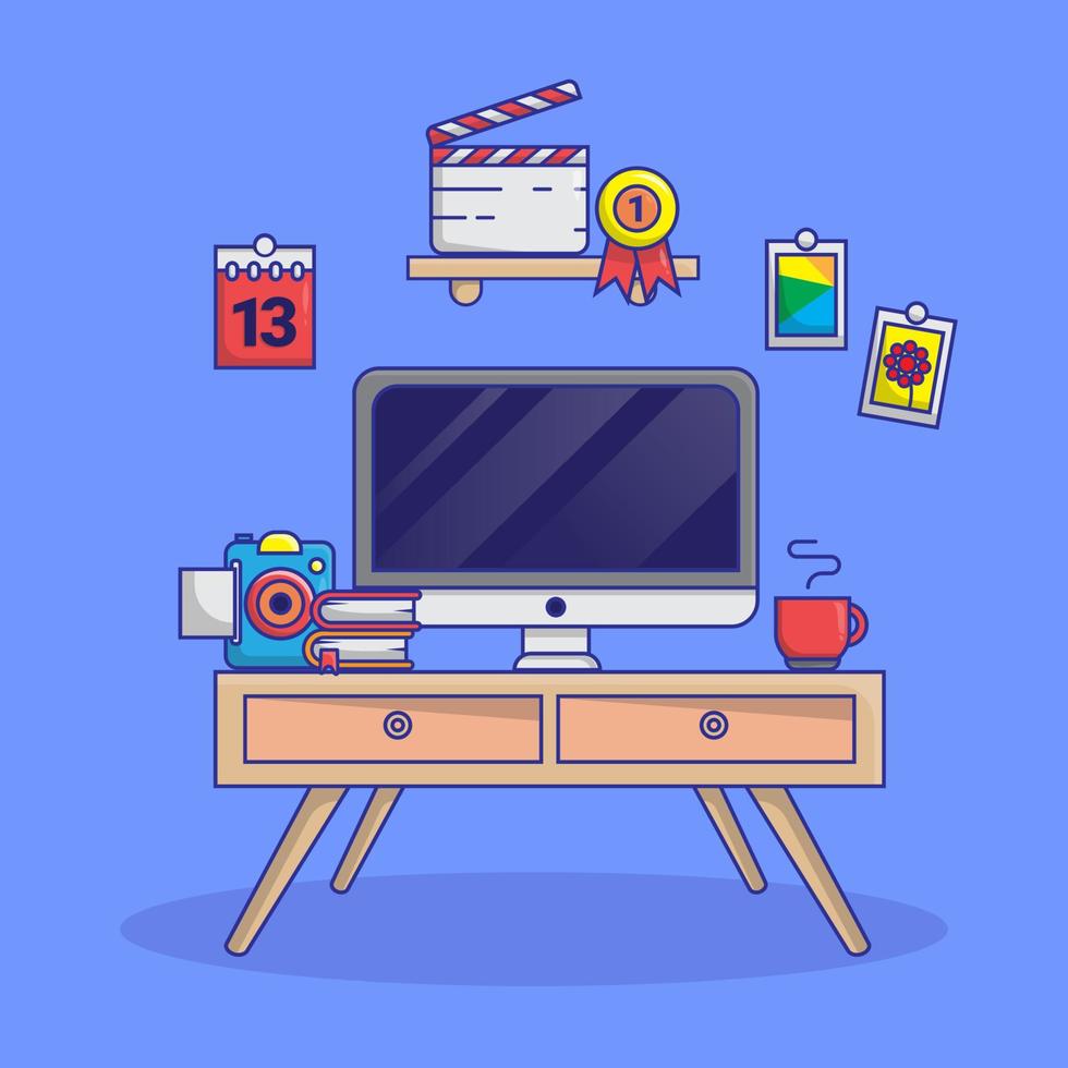 Workspace line flat design of modern designer with desktop computer ...