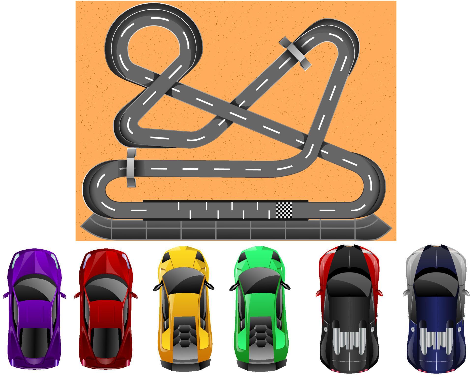 Realistic Glossy Race Cars Top View and Racing Track. Vector ...