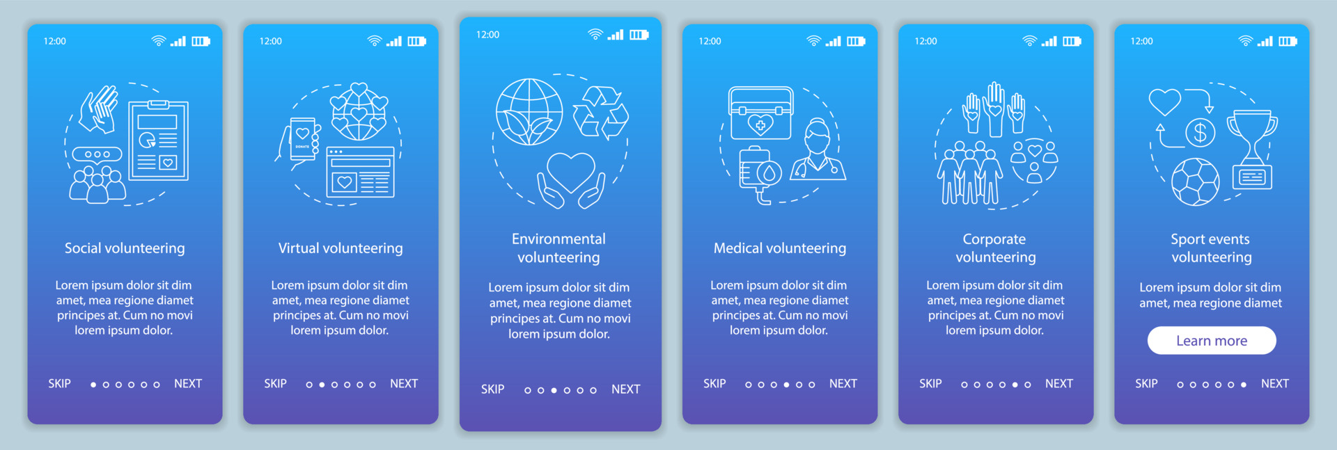 Volunteering types onboarding mobile app page screen vector template ...