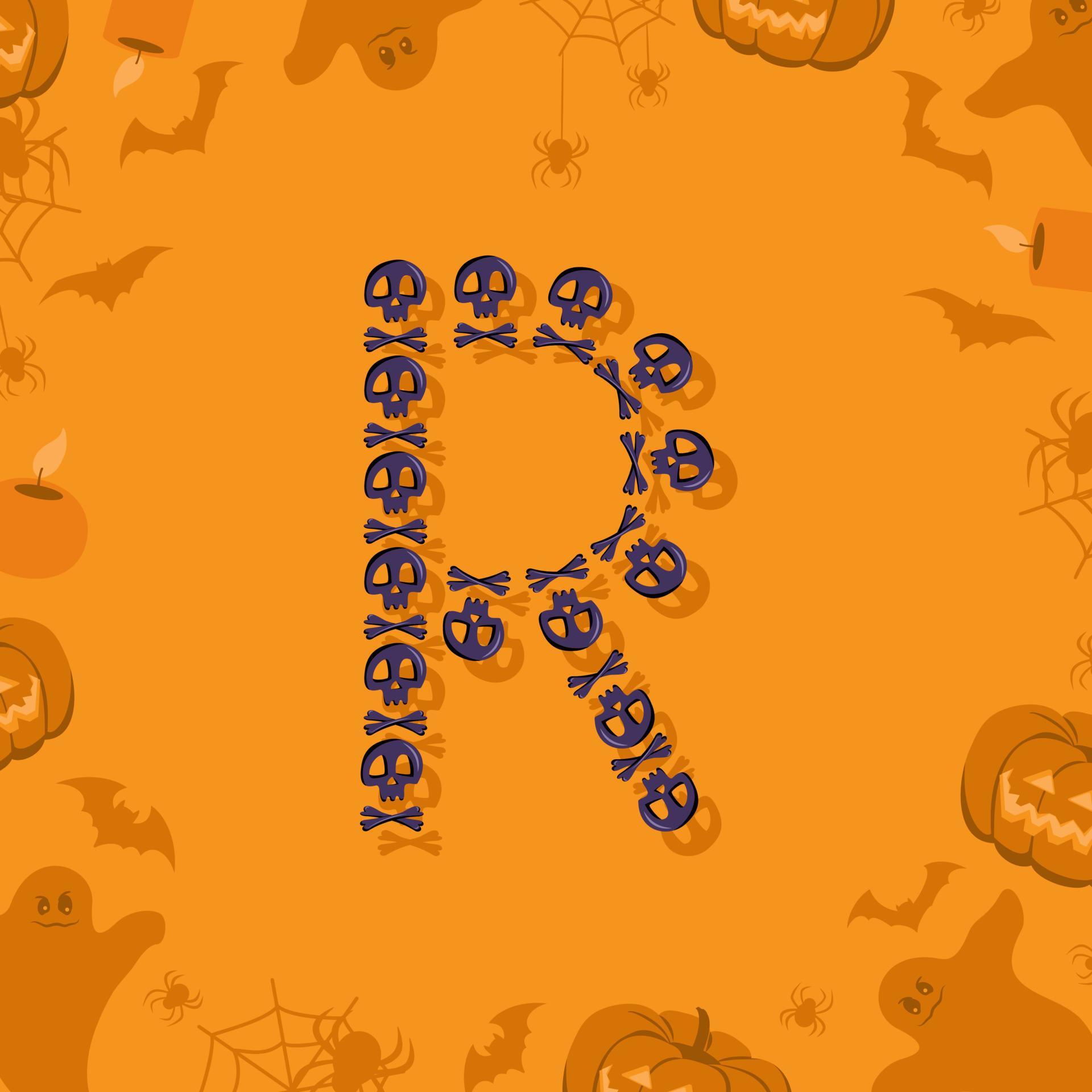 Halloween letter R from skulls and crossbones for design. Festive font ...