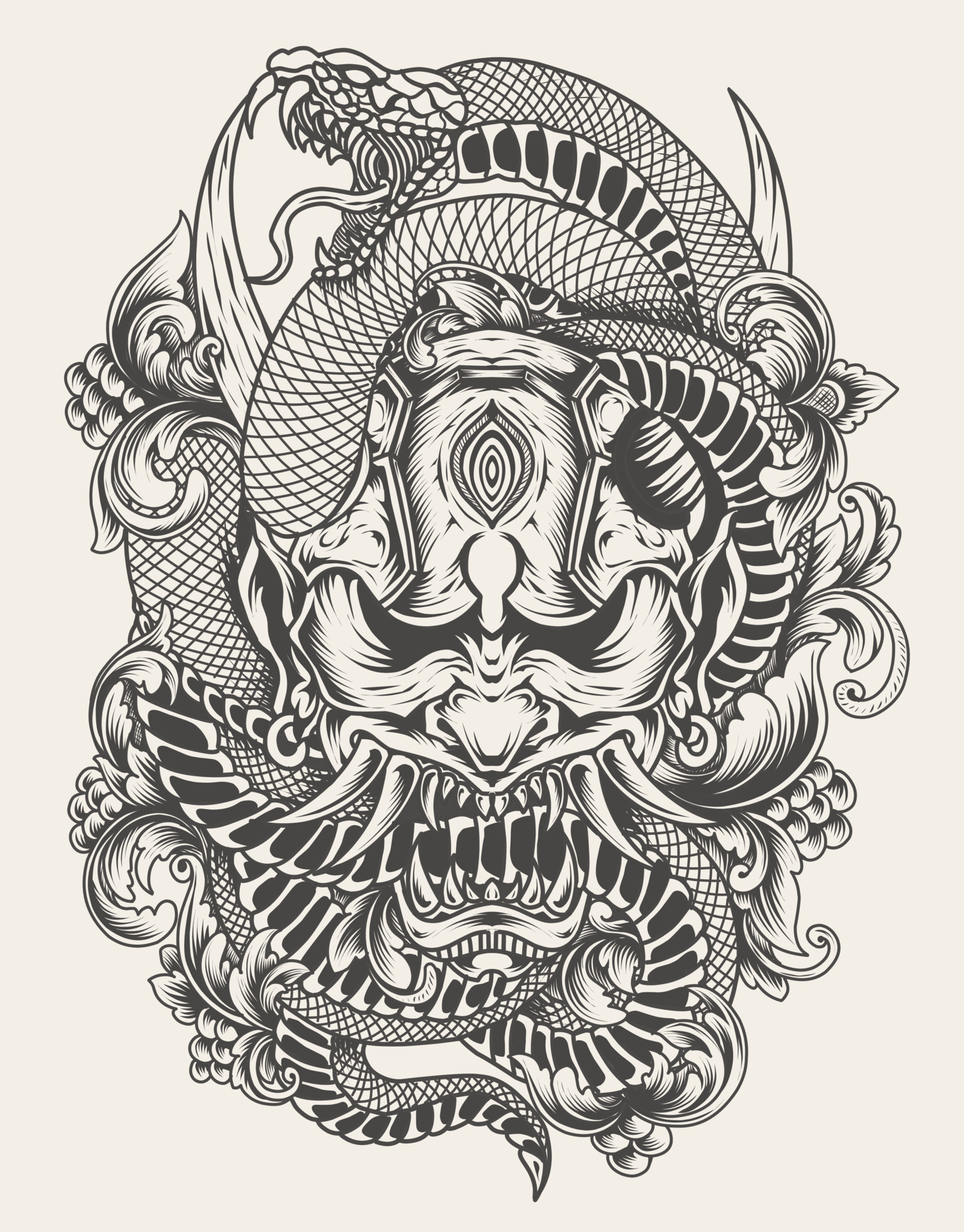 illustration oni mask with snake monochrome style 3726403 Vector Art at ... illustration oni mask with snake monochrome style 3726403 Vector Art at ...