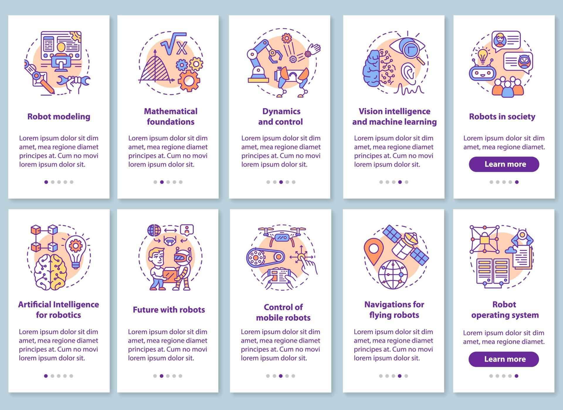 Robotics Courses Onboarding Mobile App Page Screen With Linear Concepts Set Modeling And