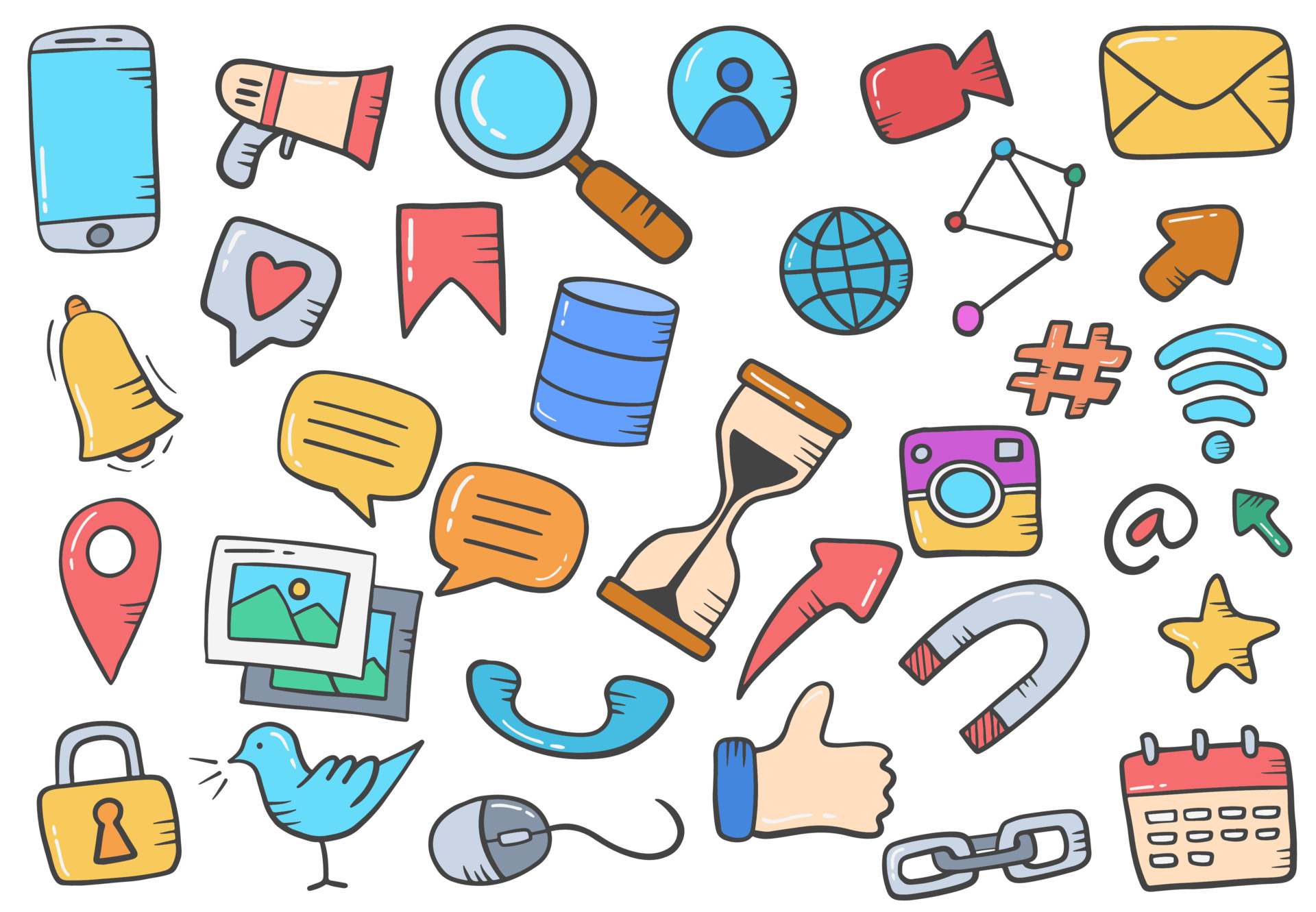 social media technology concept doodle hand drawn set collections with ...