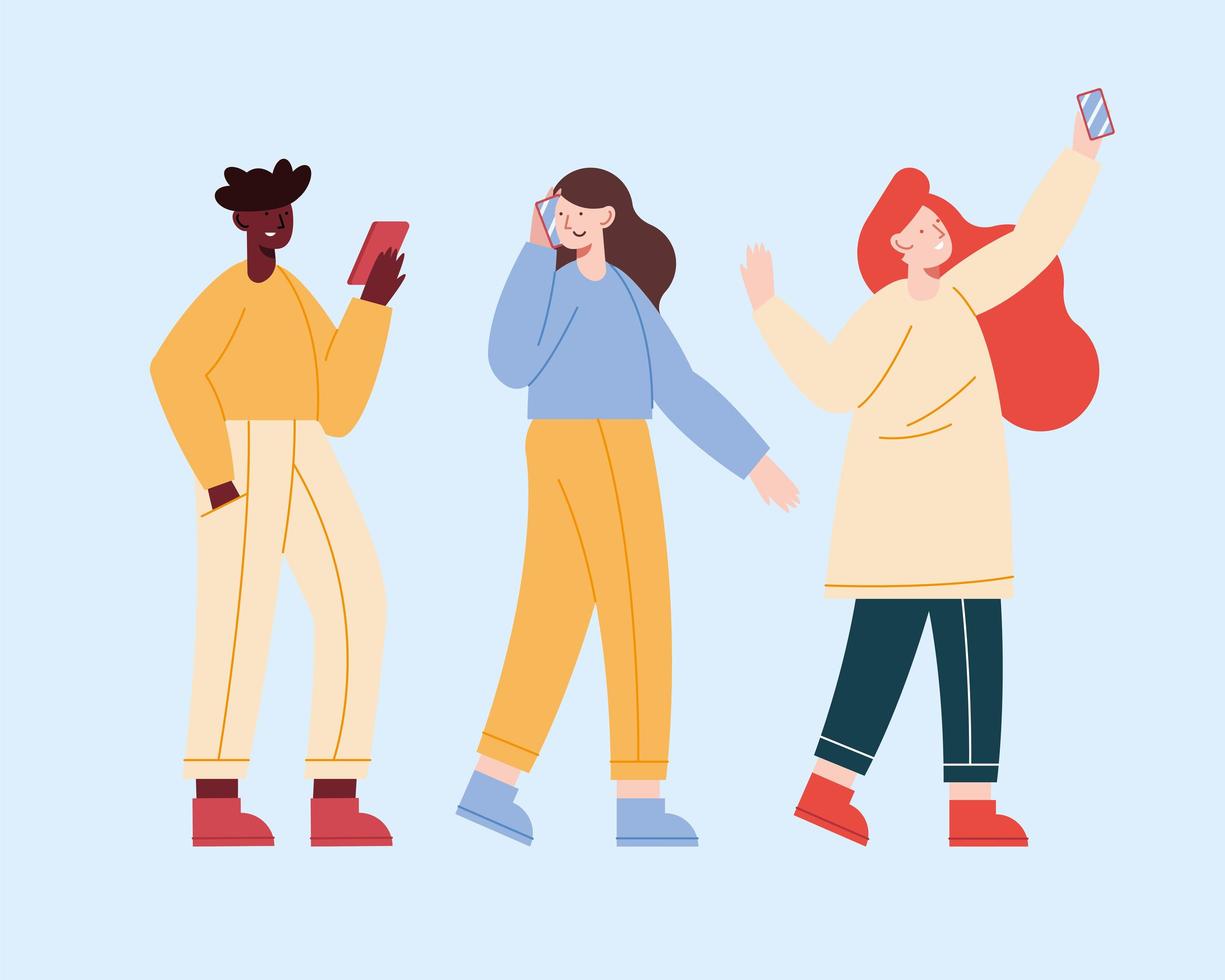 three persons using devices 3754080 Vector Art at Vecteezy