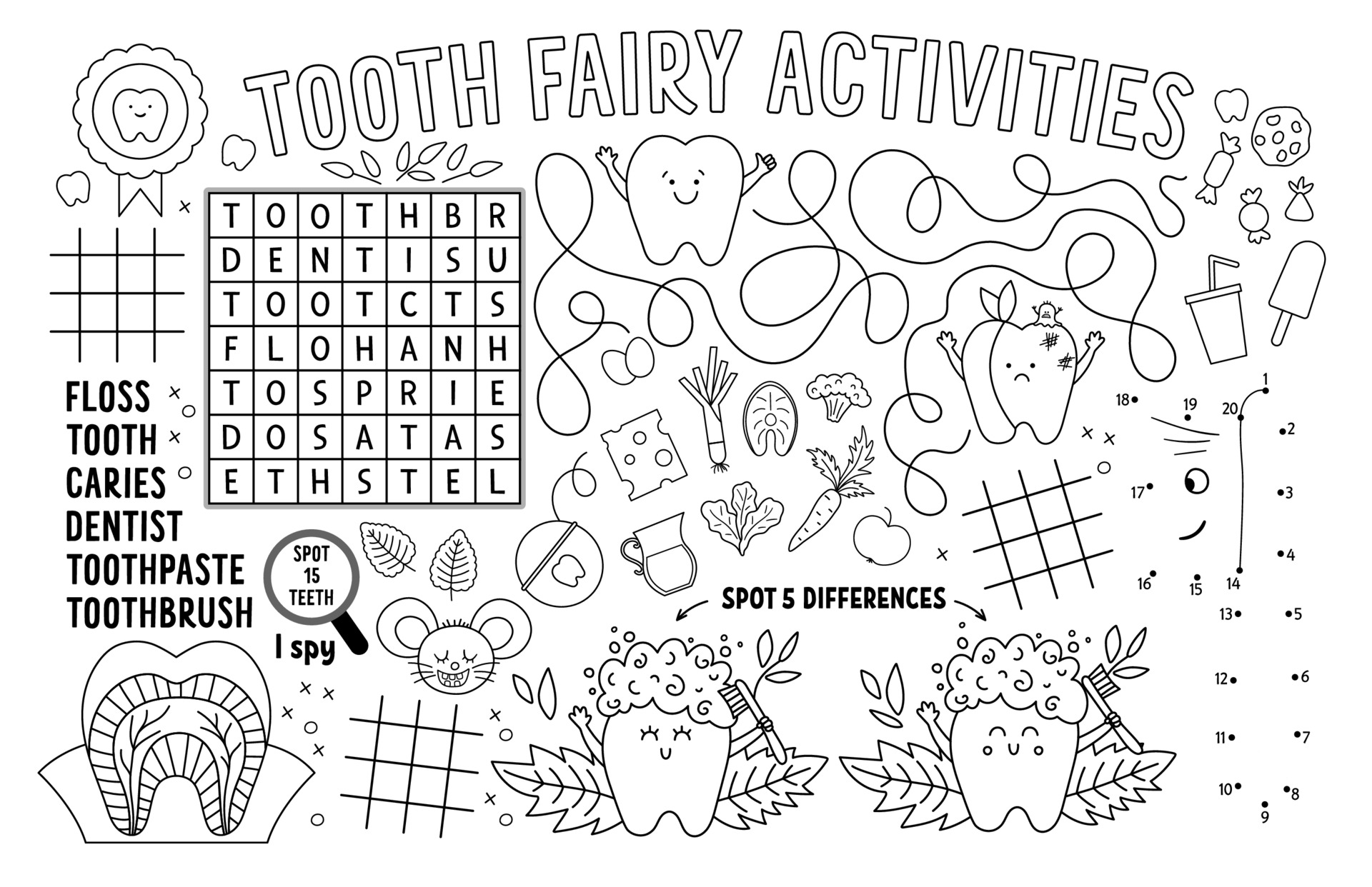 Vector Tooth Fairy Placemat For Kids Mouth Care Printable Activity Mat vector-tooth-fairy-placemat-for-kids-mouth-care-printable-activity-mat