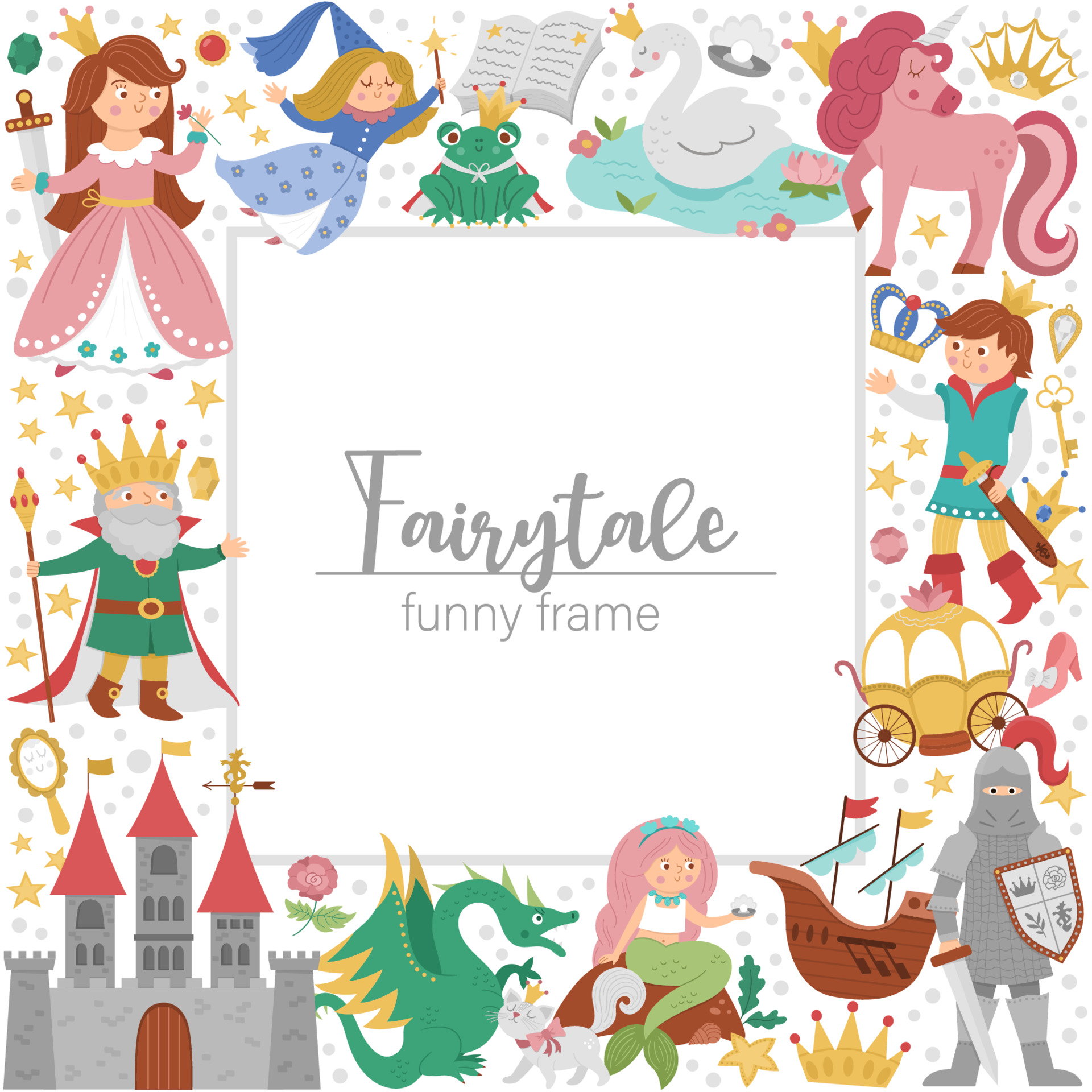 Vector square frame with fairy tale characters, objects. Fairytale card ...